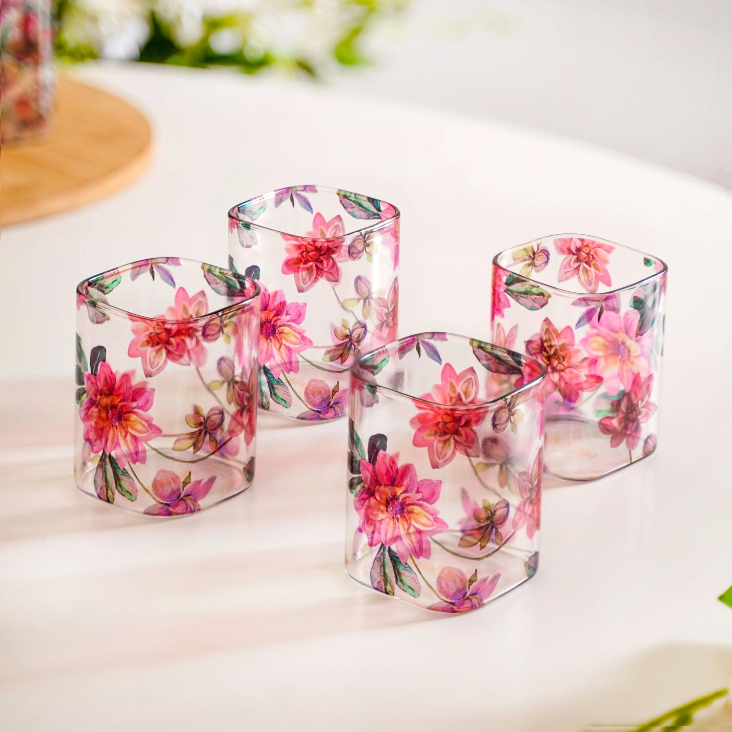 Pink Lotus Square Borosilicate Glass Tumbler Set Of 4 230ml Online - Premium Tumbler | Nestasia