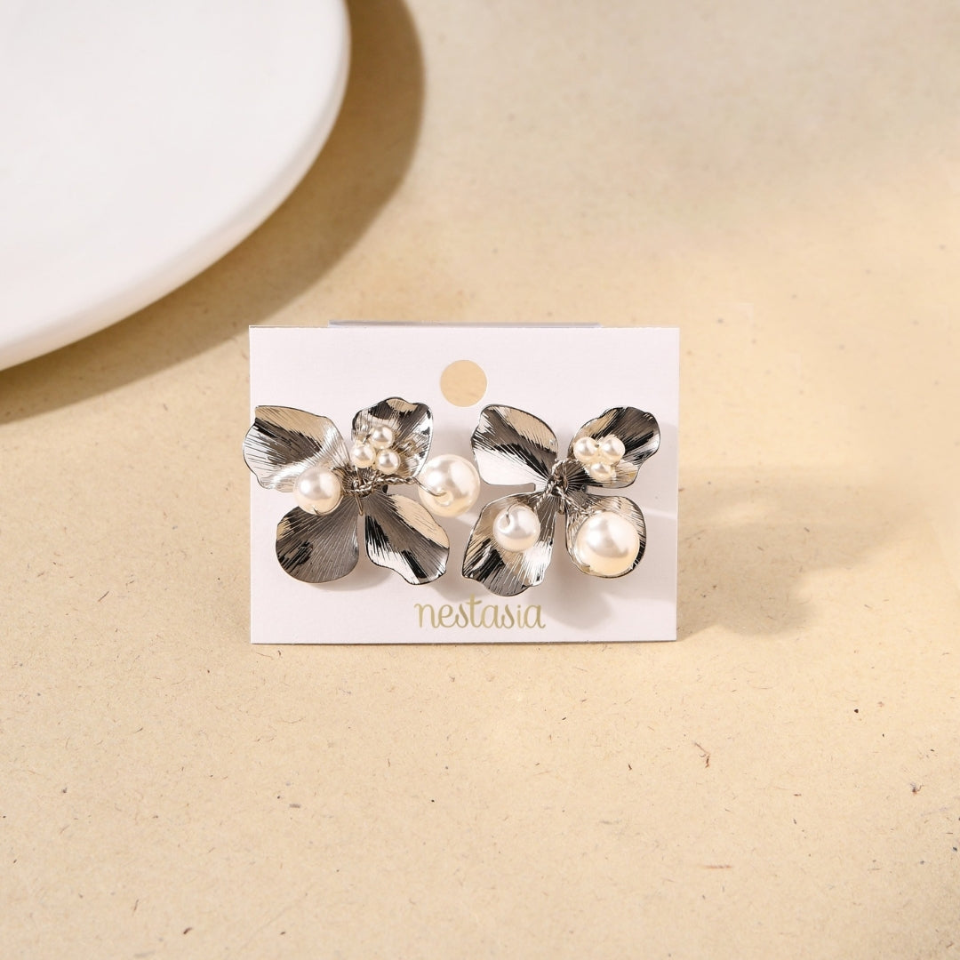 Earrings Online - Premium Pearl Flora Abstract Studs Silver | Nestasia