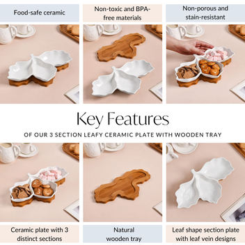 3 Section Leafy Ceramic Plate With Wooden Tray Online - Premium Section ...