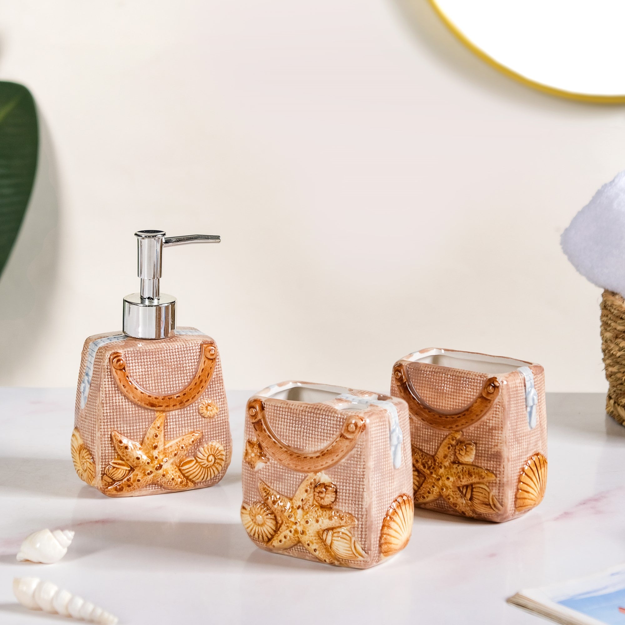 Beach Chic Ceramic Bath Set Of 3 Beige Online - Premium Bath Set | Nestasia