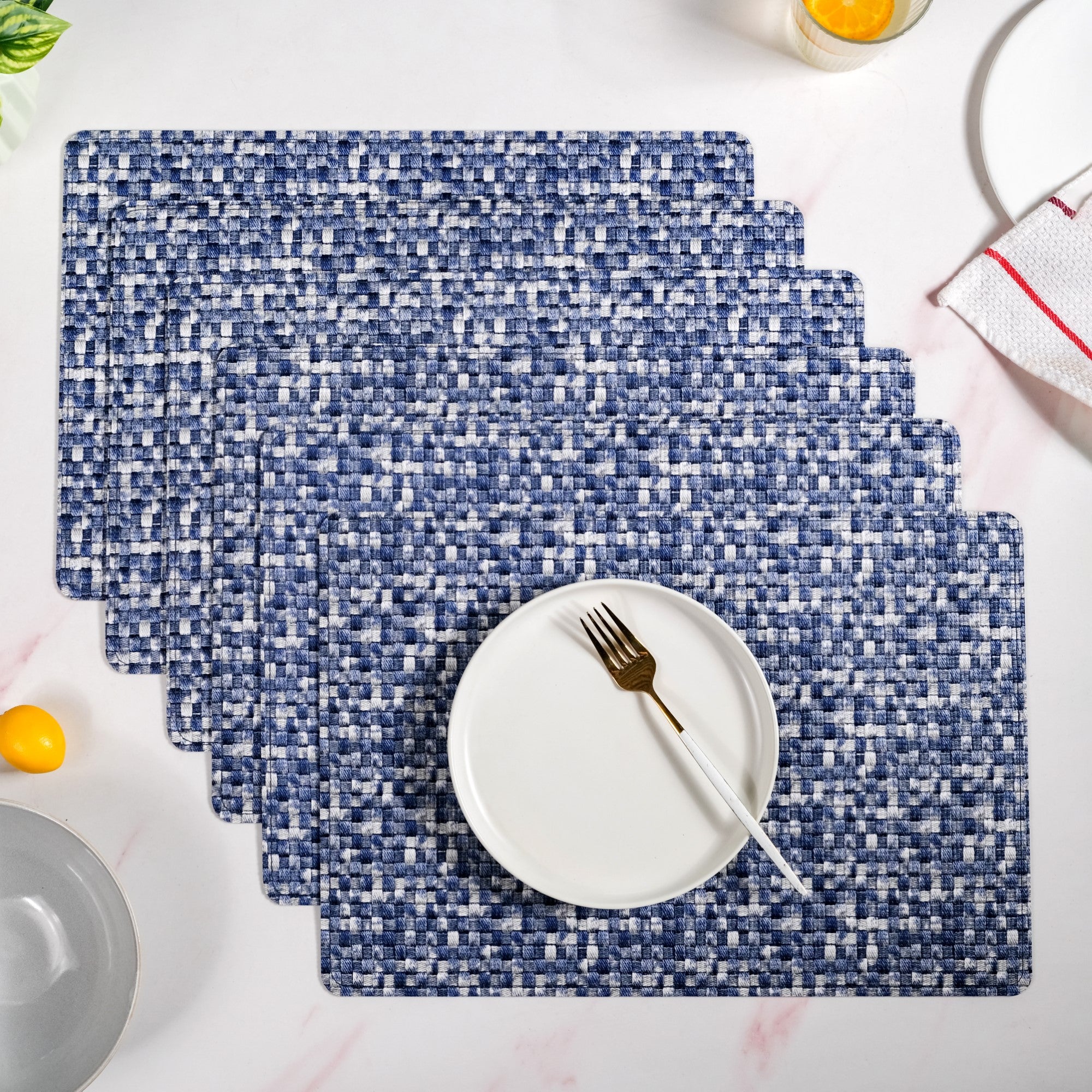 Blue And White Intrecciato Weave Rectangular Table Mat Set Of 6 Online ...
