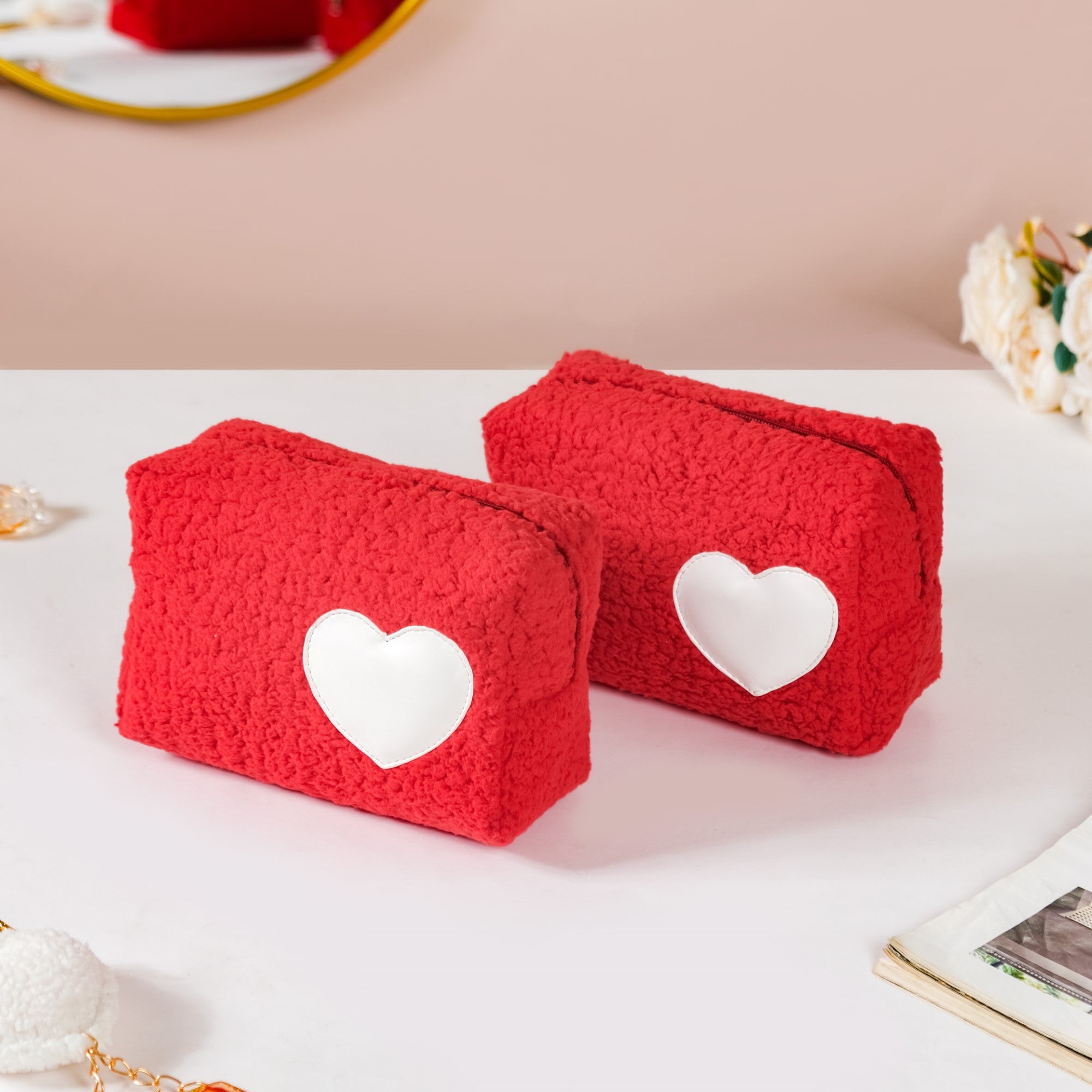Plushy Makeup Bag Set Of 2 Red Online - Premium Vanity Pouch | Nestasia