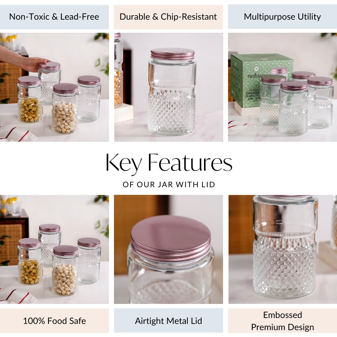 Diamond Embossed Storage Glass Jars With Lids Set Of 4 1000ml Online ...