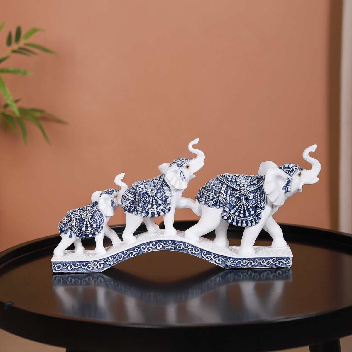 Vintage White Blue Royal Elephant Family Showpiece Online | Nestasia