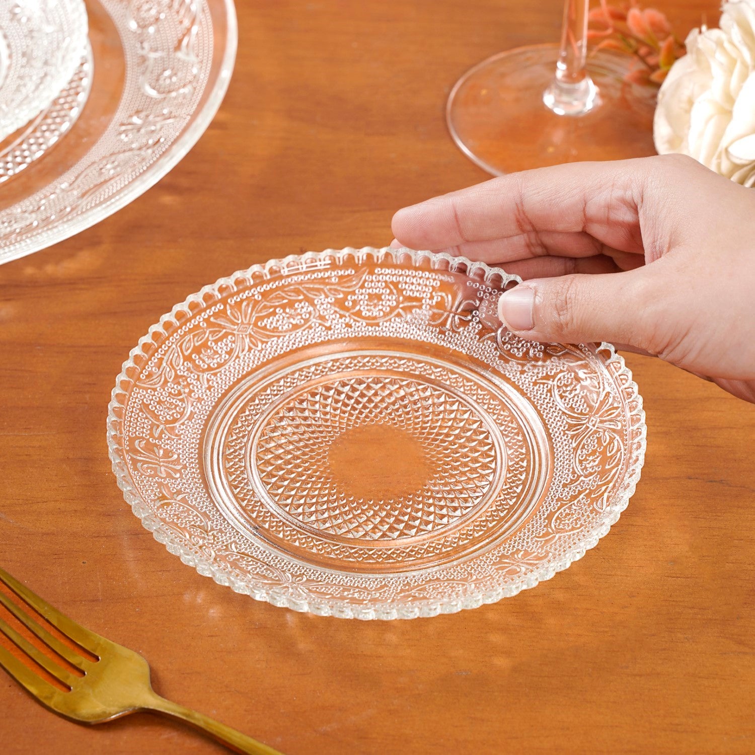 Embossed Glass Dessert Plate Set Of 6 15cm Online - Premium Small Plate ...