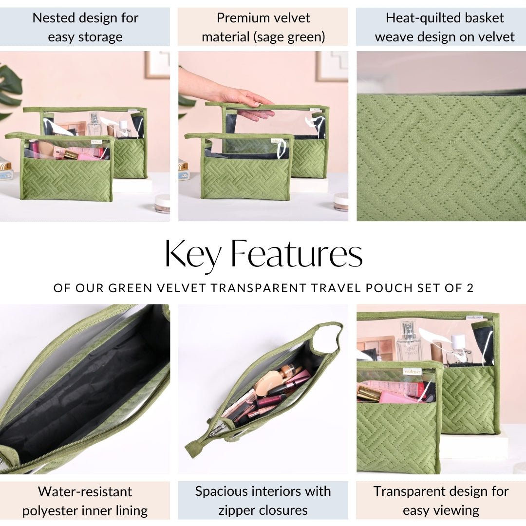 Green Velvet Transparent Travel Pouch Set Of 2 Online - Premium Makeup ...