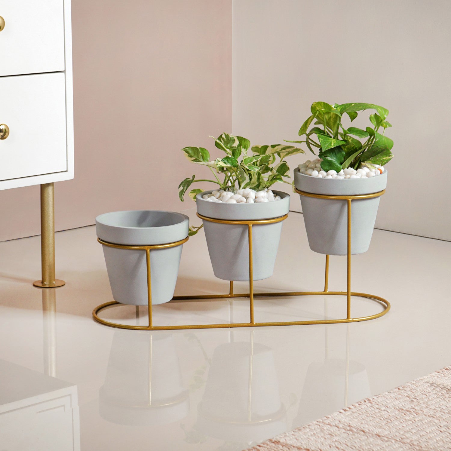 Grey Triple Planter With Gold Metal Stand Online - Premium Planter ...