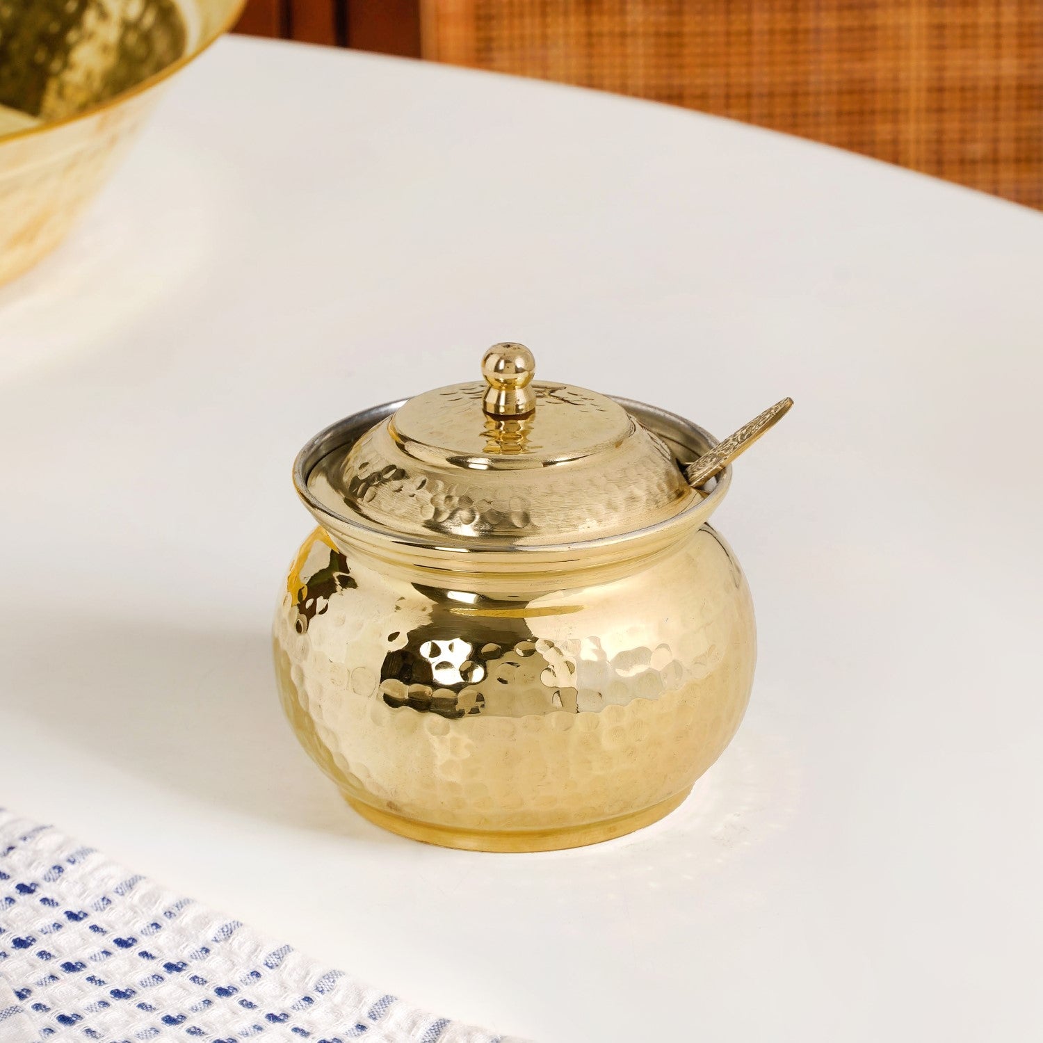 Hammered Pure Brass Ghee Pot With Spoon 400ml Online - Premium Kitchen ...