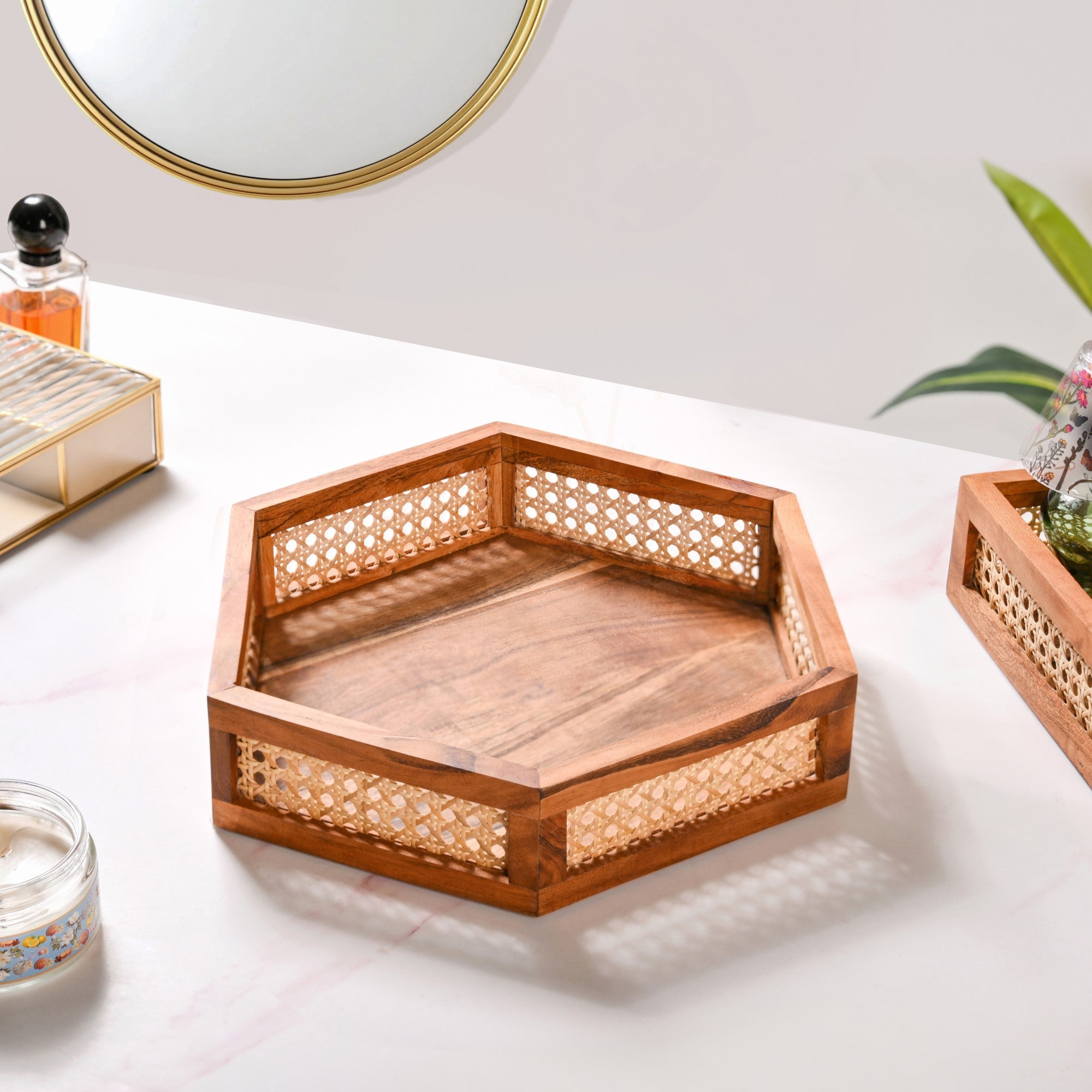 Hexagon Acacia Wood Rattan Cane Tray Online - Premium Decorative Tray ...