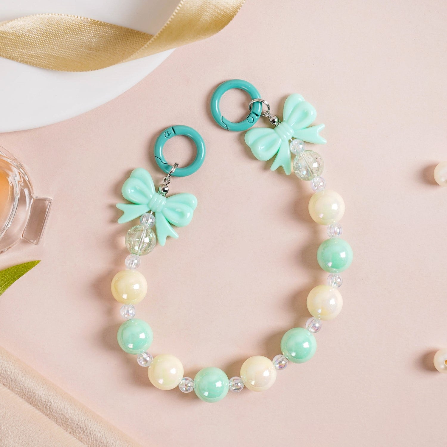 Bows And Beads Keychain Mint And White Online - Premium Keychain | Nestasia