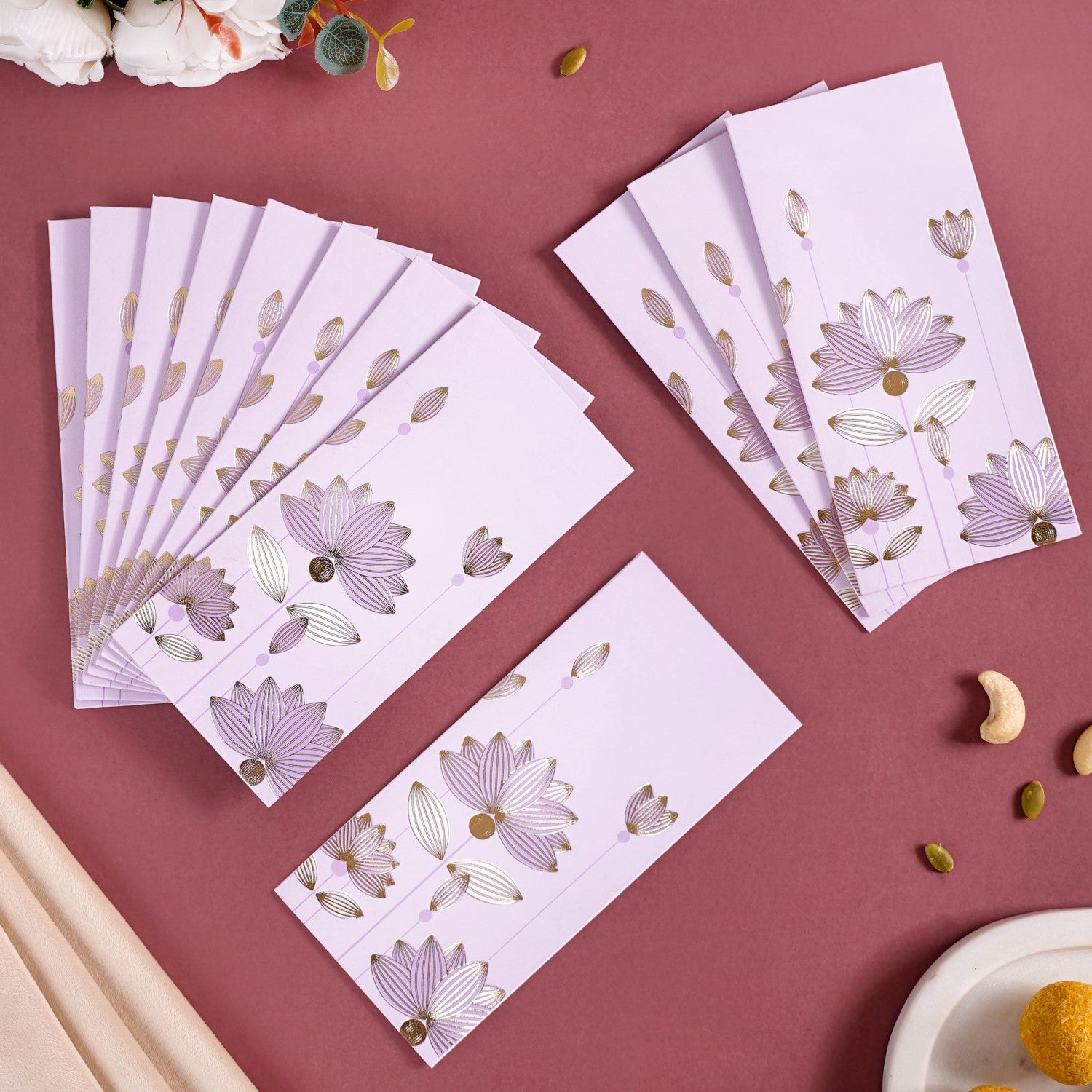 Gold Lotus Shagun Envelope Set Of 12 Lavender Online - Premium Envelope ...