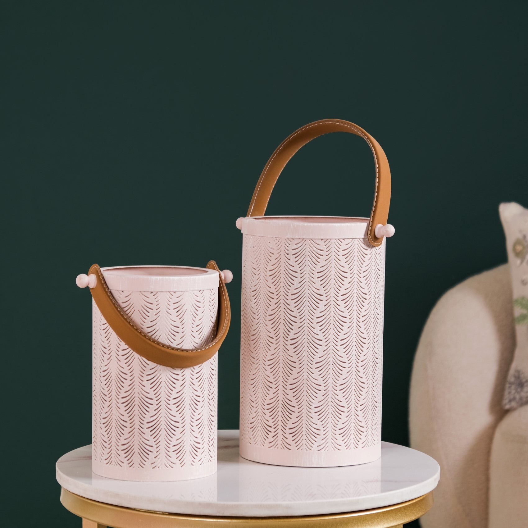 Muted Baby Pink Metal Cutwork Hurricane Lantern Set Of 2 Online ...