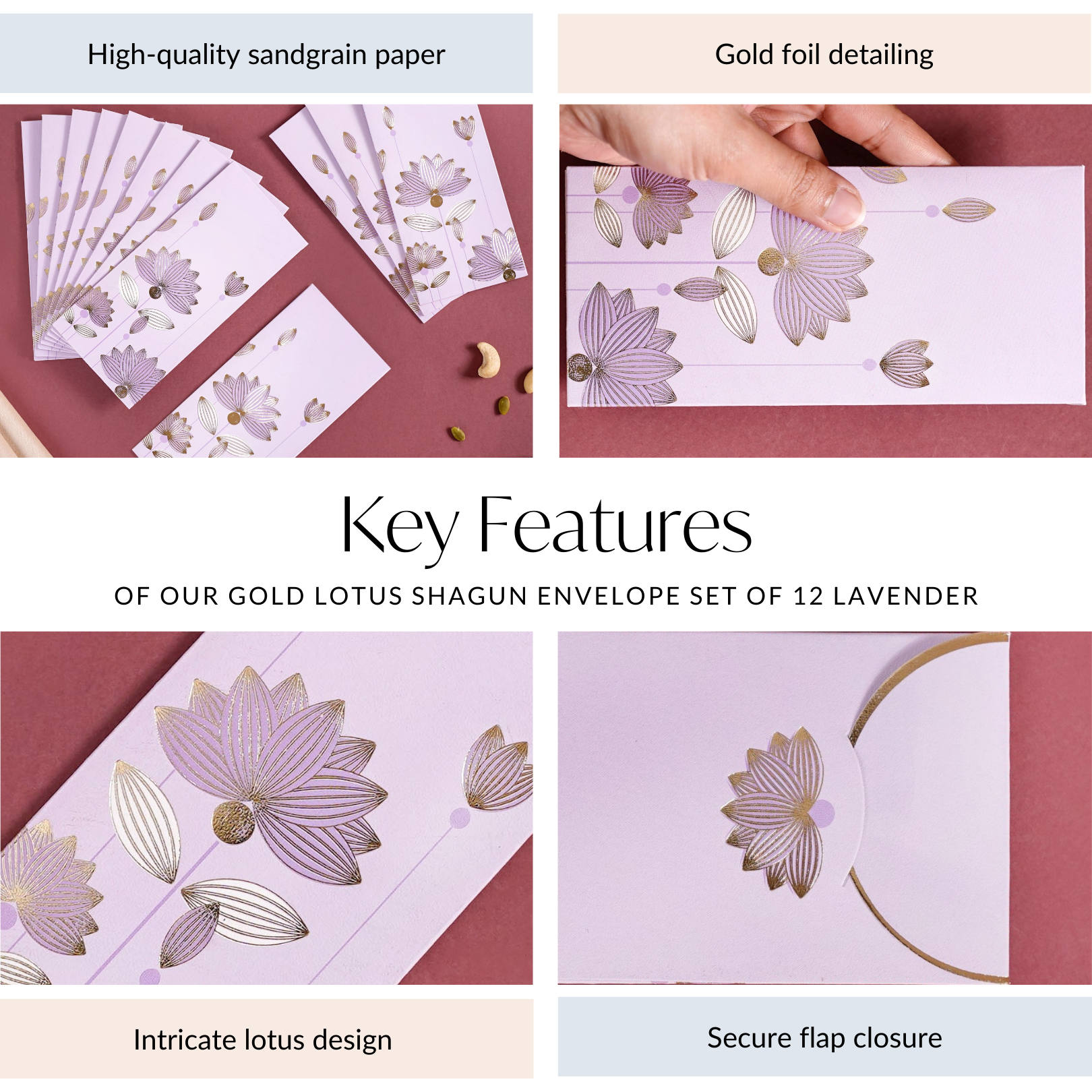 Gold Lotus Shagun Envelope Set Of 12 Lavender Online - Premium Envelope ...