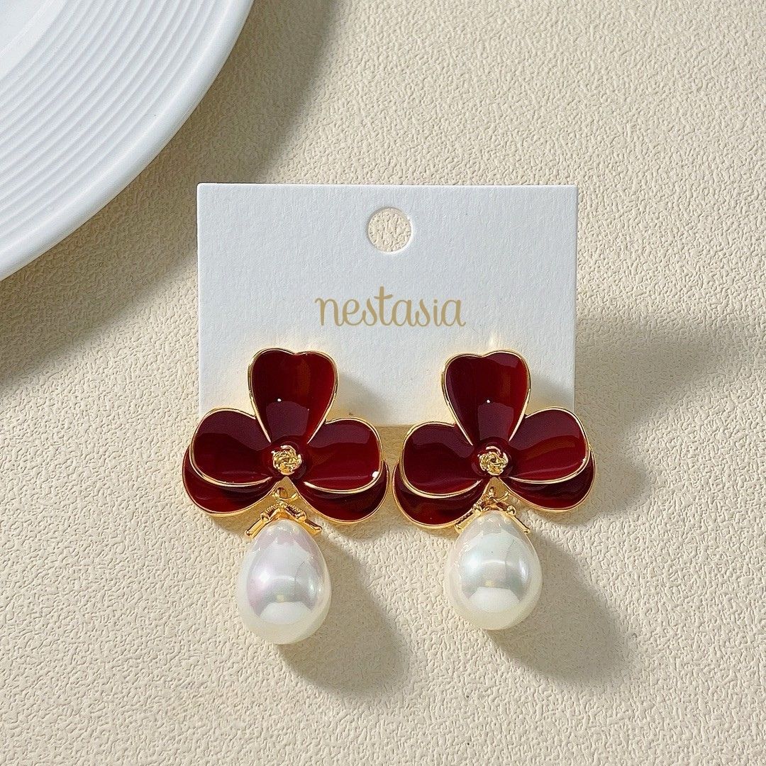 Jewellery Online - Premium Maroon Pearl Drop Earrings | Nestasia