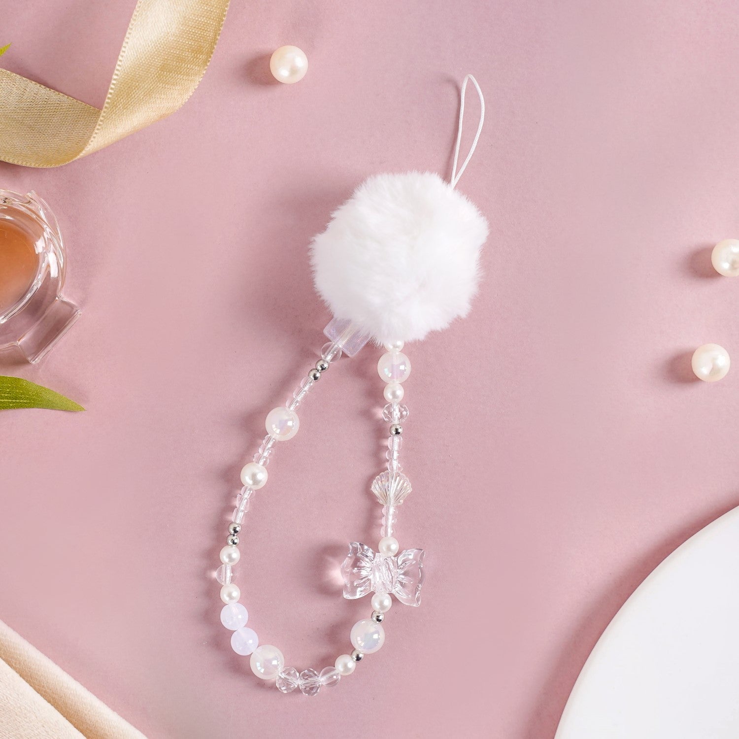 White Pom Pom Phone Charm Lanyard Online - Premium Phone Charm | Nestasia