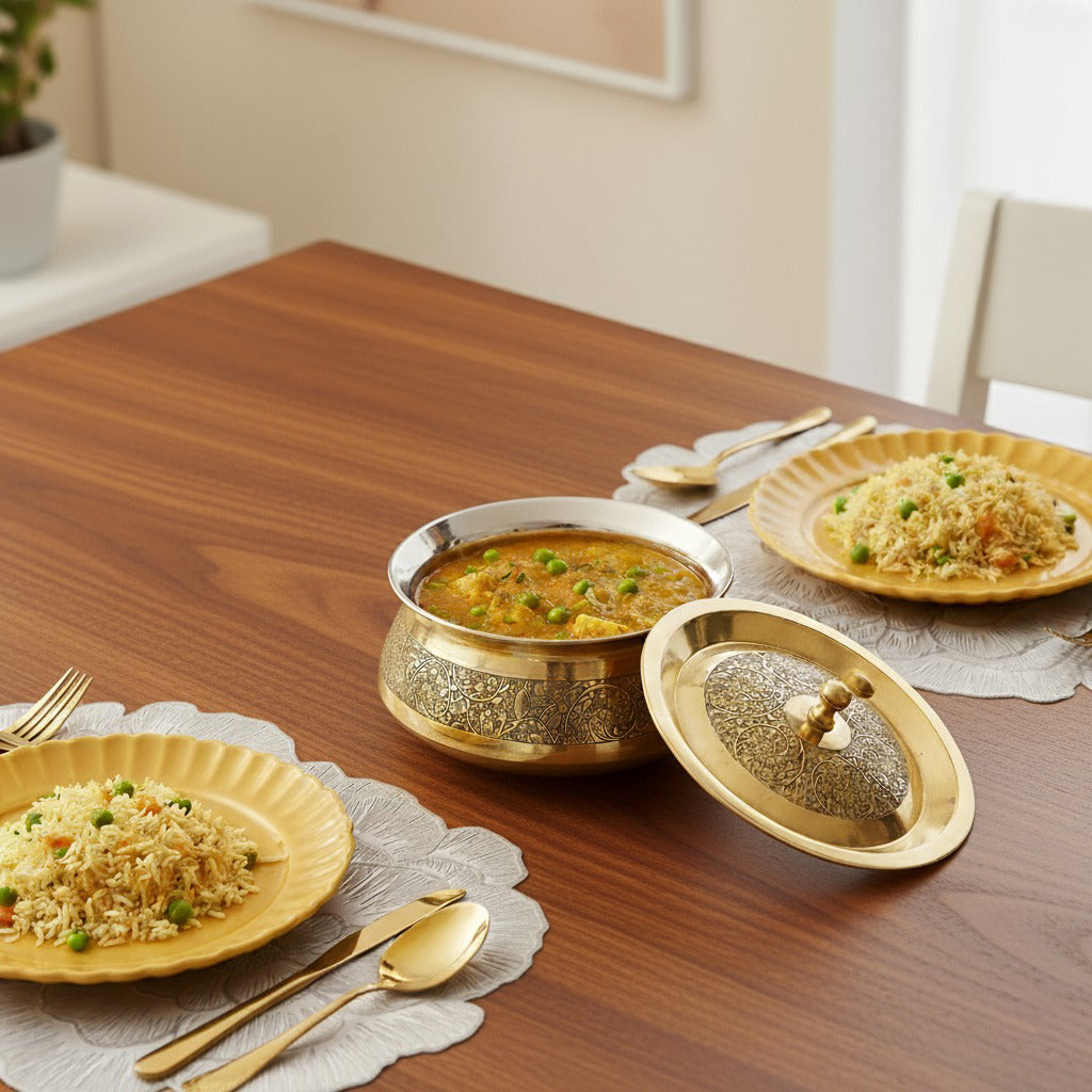 Pure Brass Embossed Handi Cooking Pot With Lid 2300ml Online - Premium ...