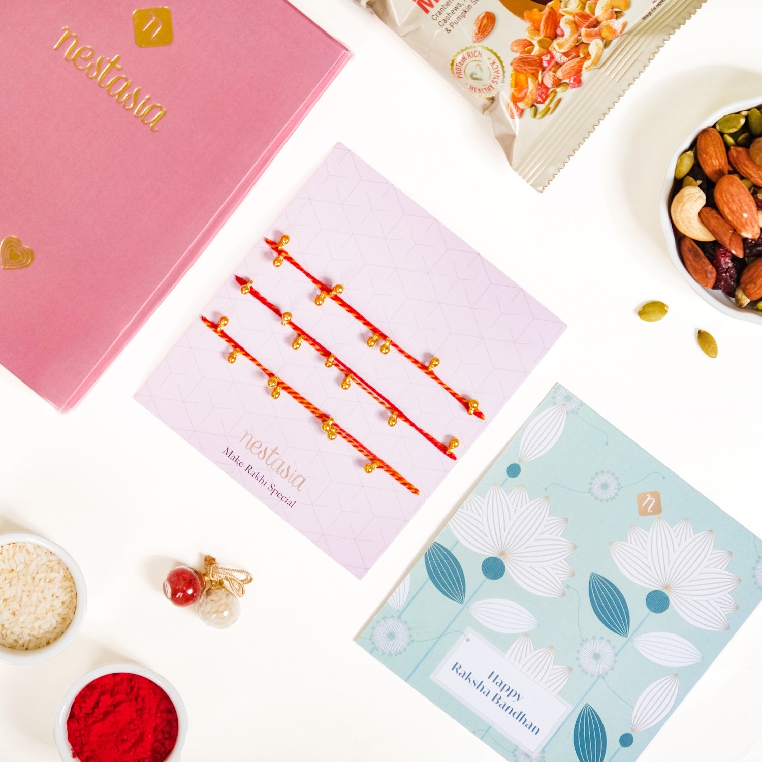 Moli Rakhi Gift Set Of 5 With Box Roli Chawal Dry Fruits And Card ...