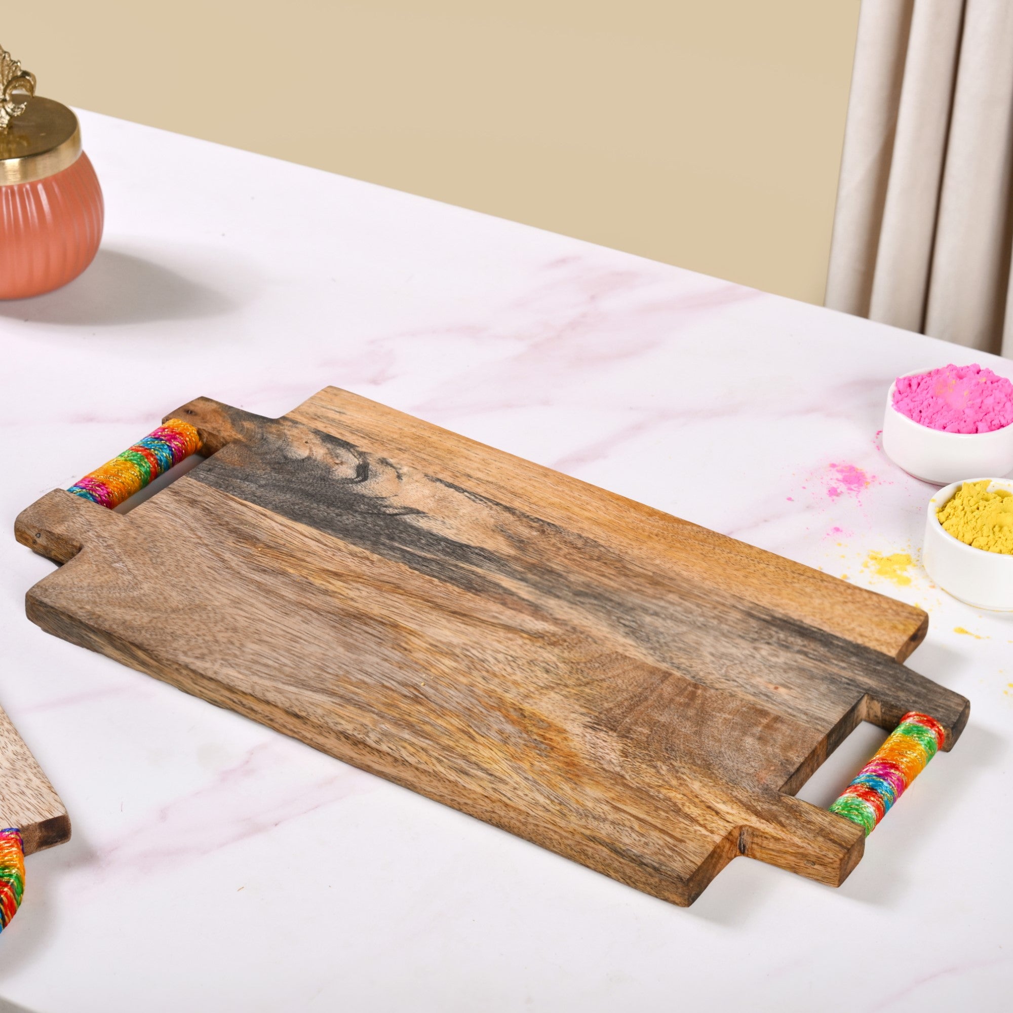 Rectangle Acacia Wood Serving Platter With Gold Zari Work Online ...