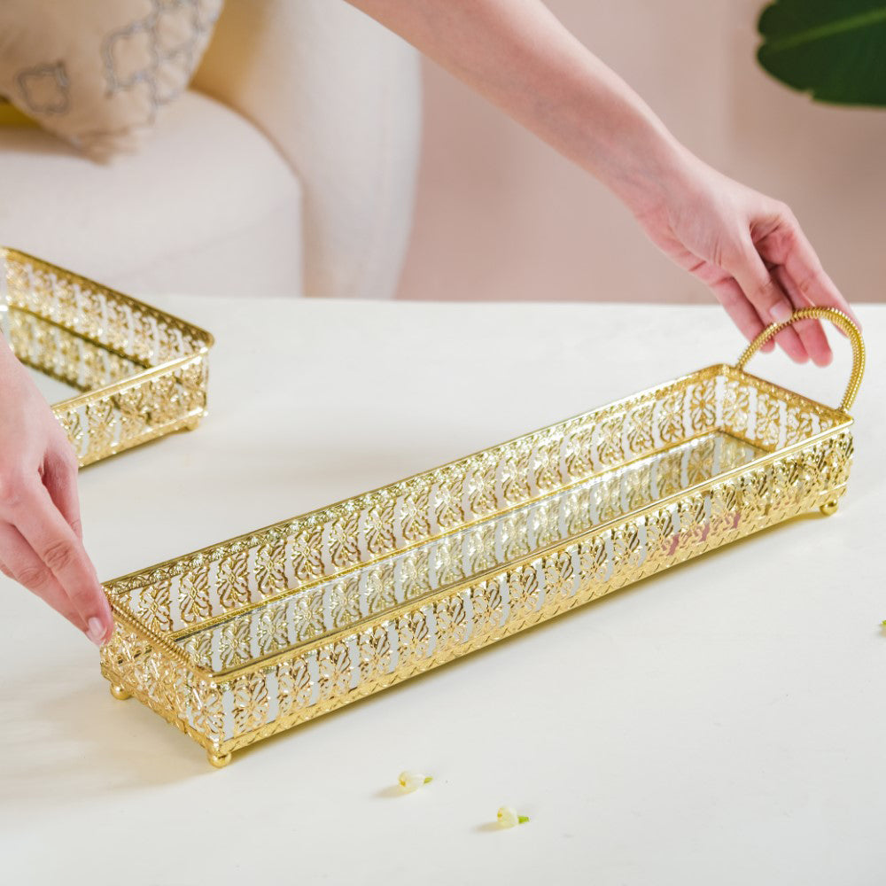 Metal Rectangle Decorative Gold Tray With Handles Online | Nestasia