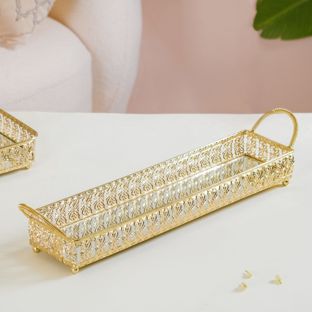 Metal Rectangle Decorative Gold Tray With Handles Online | Nestasia
