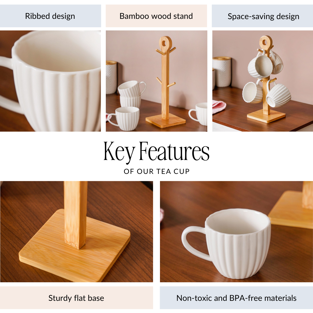 Ribbed White Cup And Stand Set Of 5 200ml Online - Premium Tea Cup ...