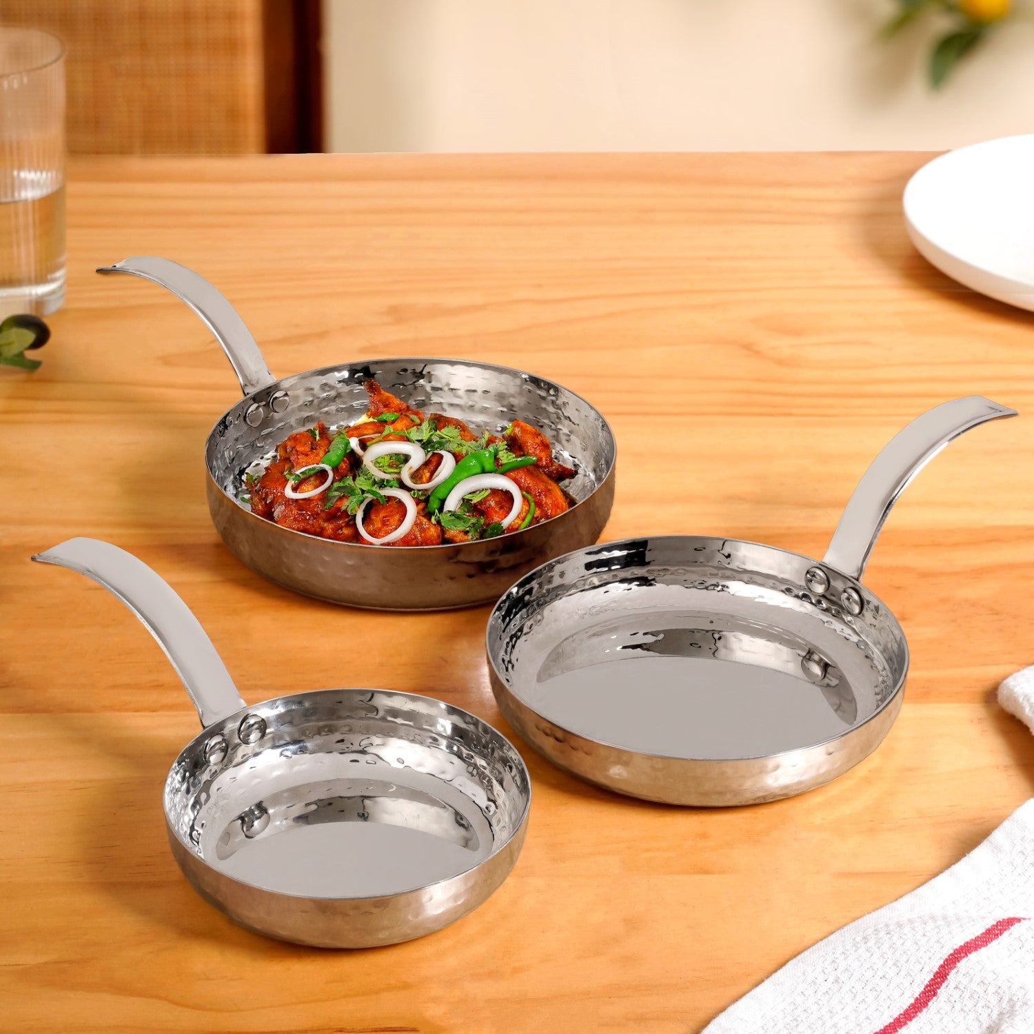 Hammered Stainless Steel Serving Pan With Handle Set Of 3 Online ...