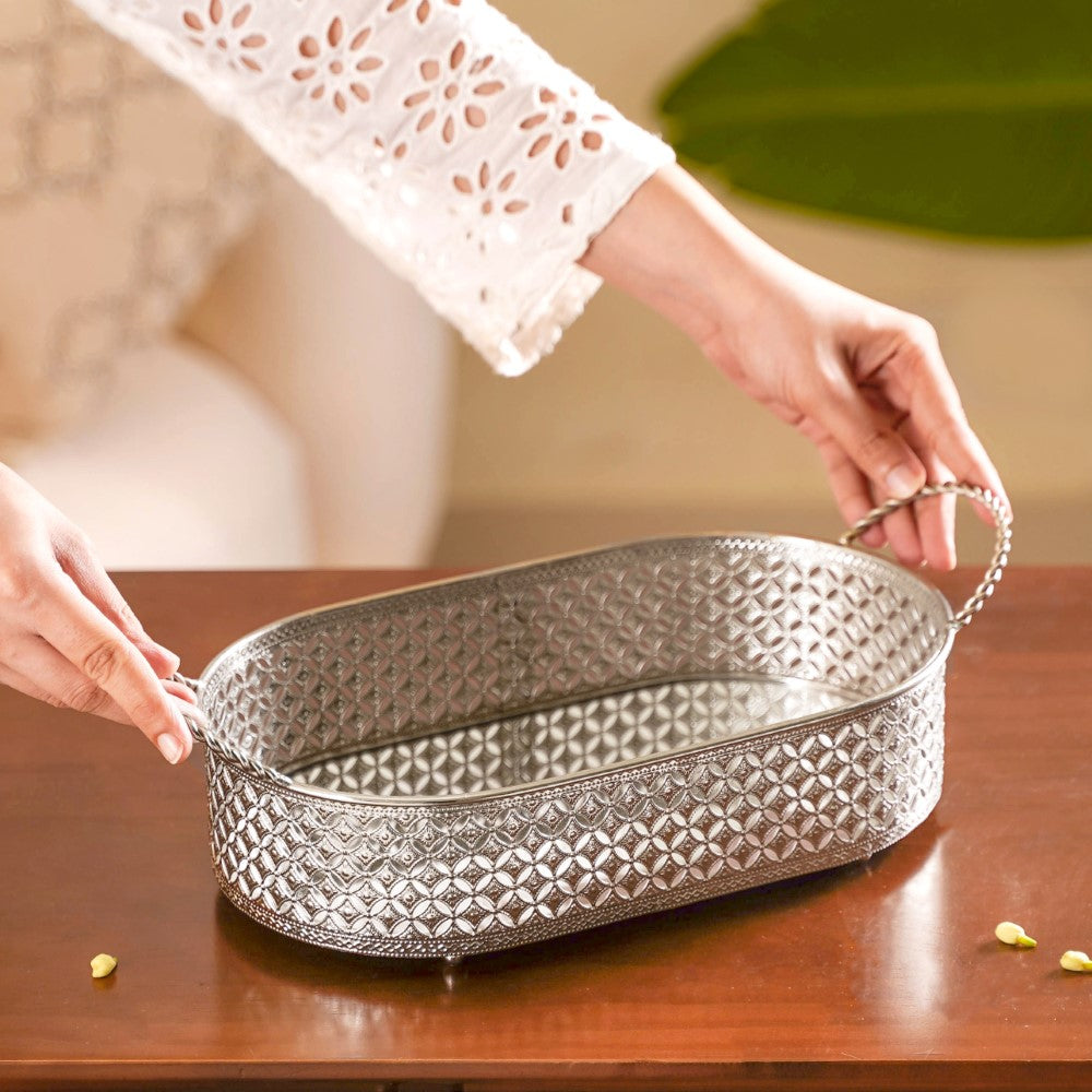 Small Decorative Silver Metal Rectangle Tray With Handles | Nestasia
