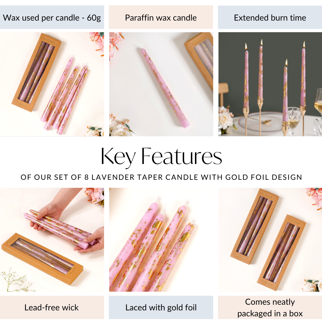 Set Of 8 Lavender Taper Candle With Gold Foil Design Online - Premium ...