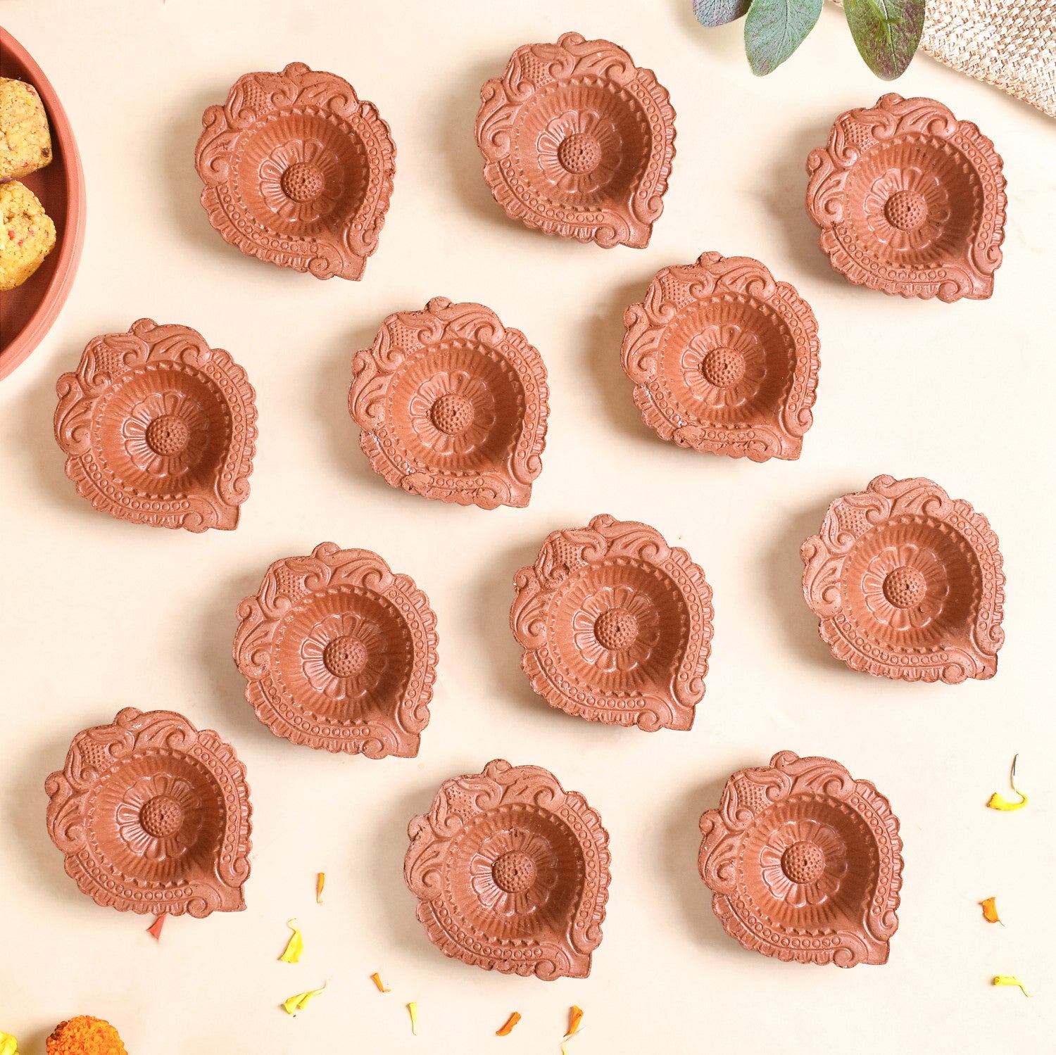 Set Of 48 Pure Earthen Clay Diyas Online - Premium Candle Holder | Nestasia