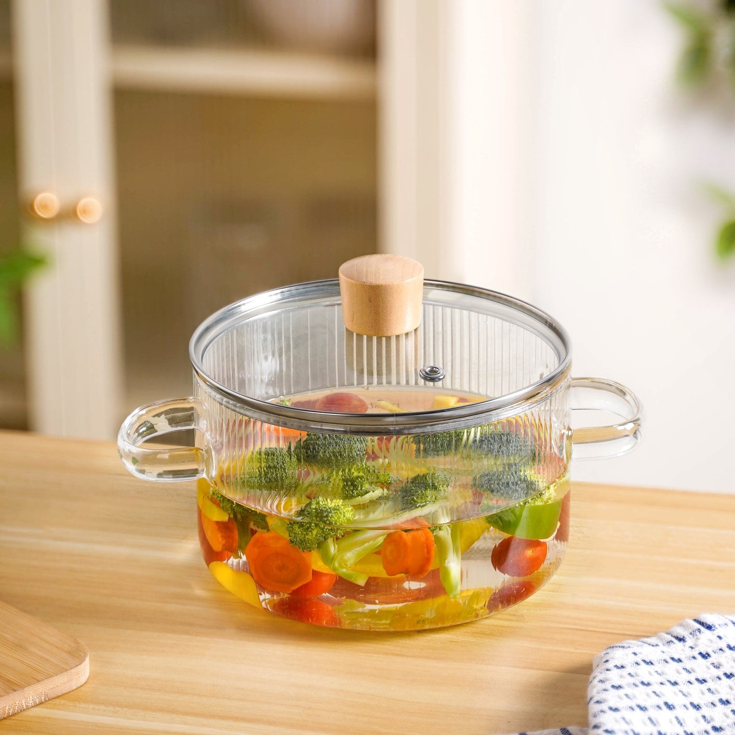 Transparent Ribbed Borosilicate Glass Cooking Pot With Lid 1800ml ...