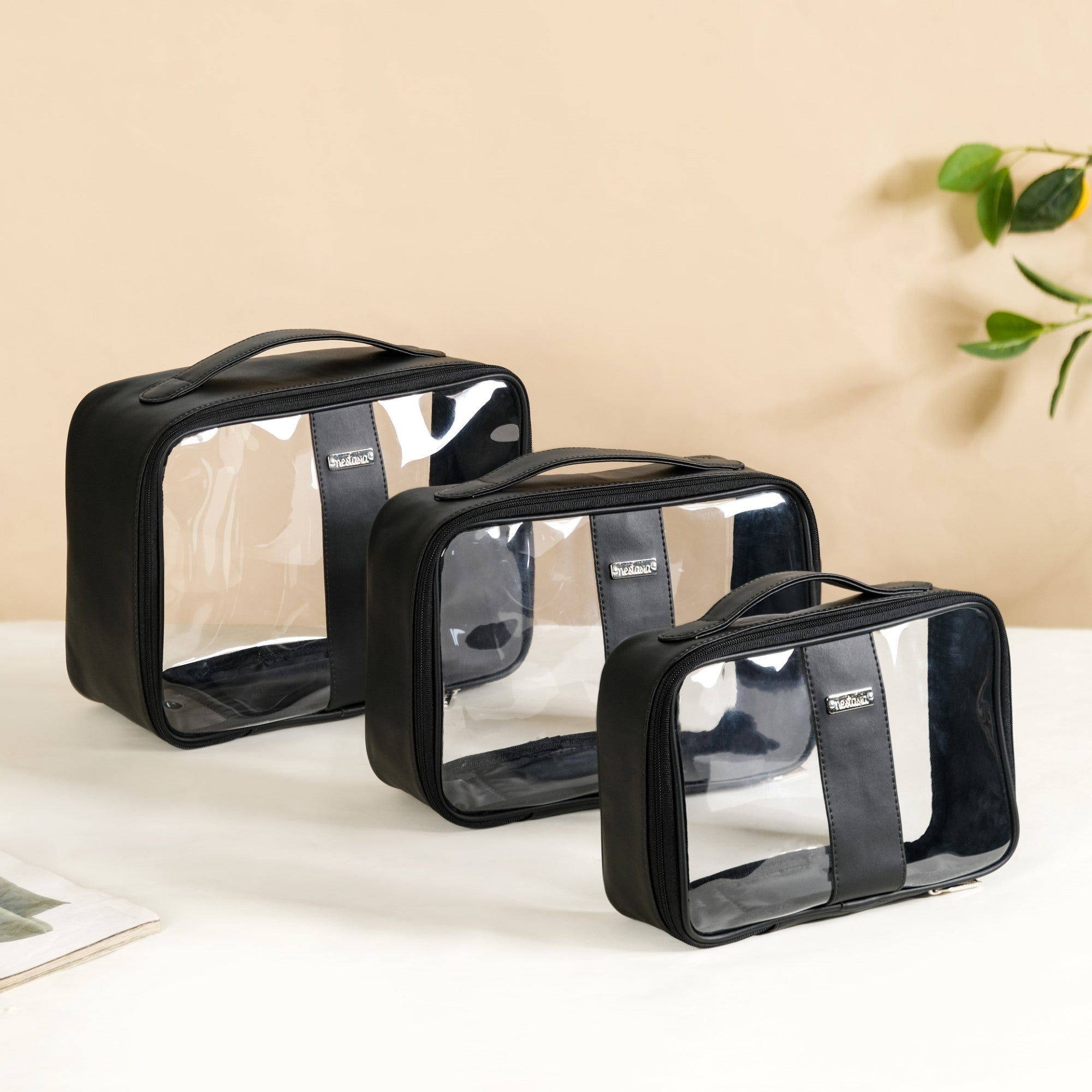 Black Vegan Leather Transparent Travel Kit Set Of 3 Online - Premium ...