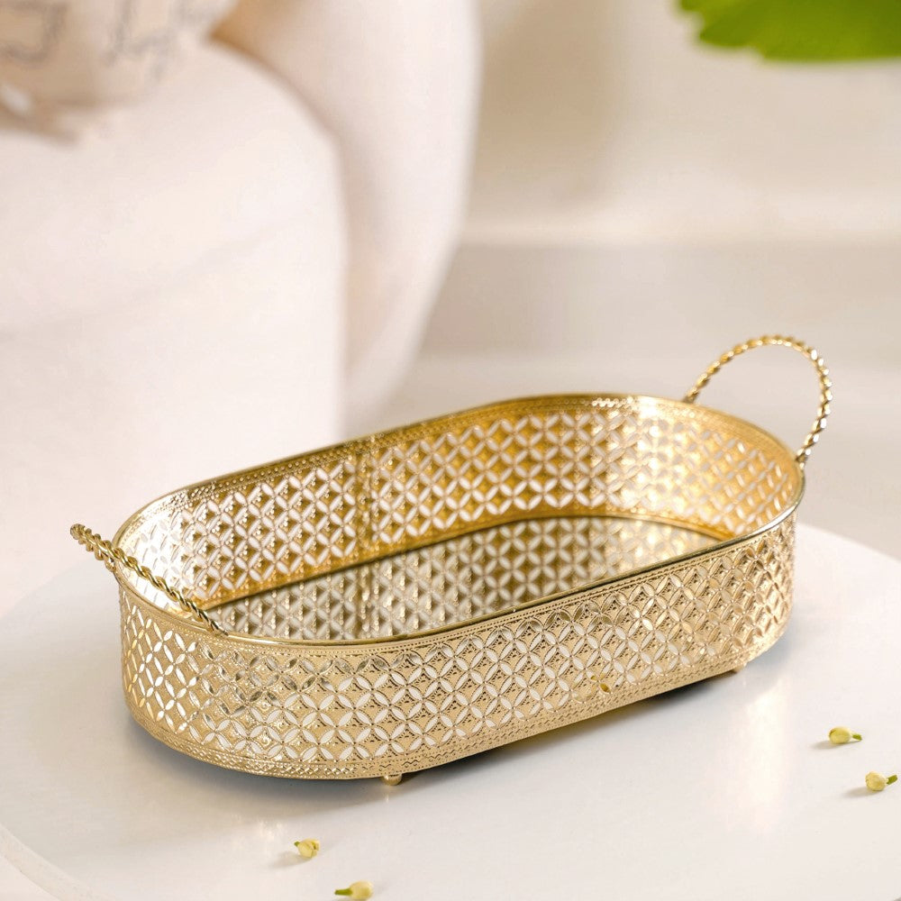 Decorative Gold Metal Oval Tray With Handles Online | Nestasia