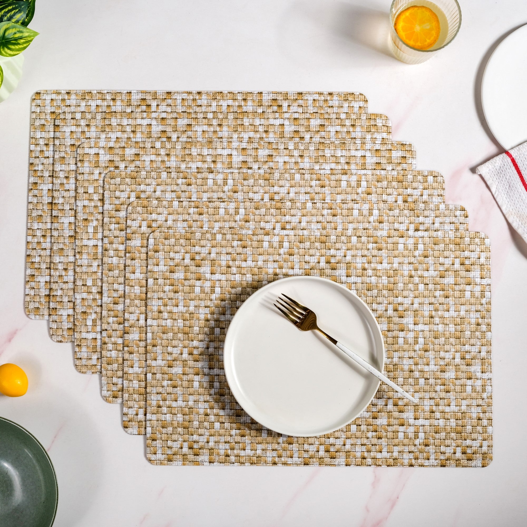 Yellow And White Intrecciato Weave Rectangular Table Mat Set Of 6 ...