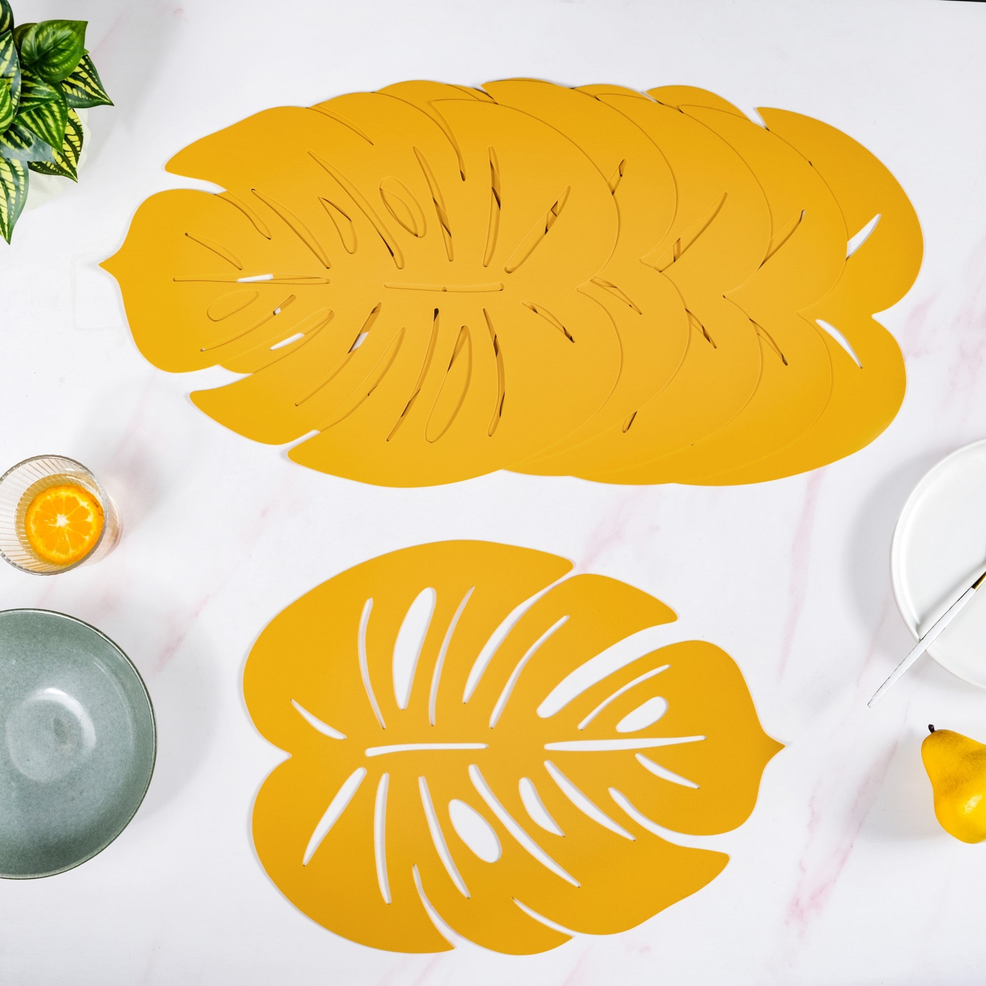 Yellow Laser Cut Monstera Leaf Table Mat Set Of 6 Online - Premium ...