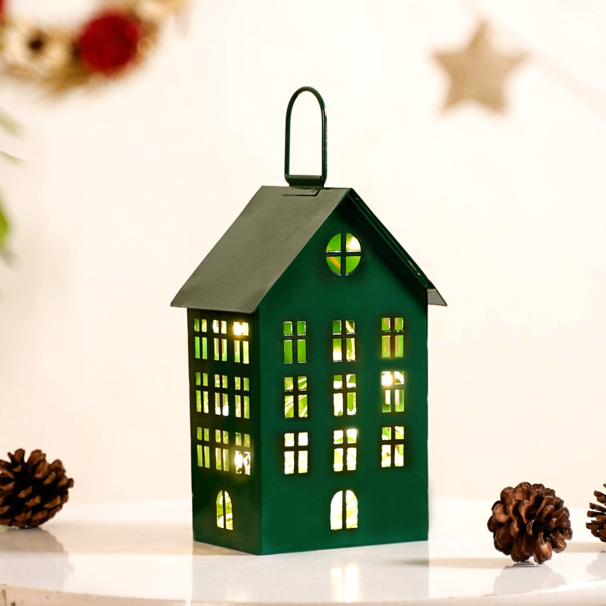 House Shaped Lantern With Handle Green Online - Premium Lantern | Nestasia