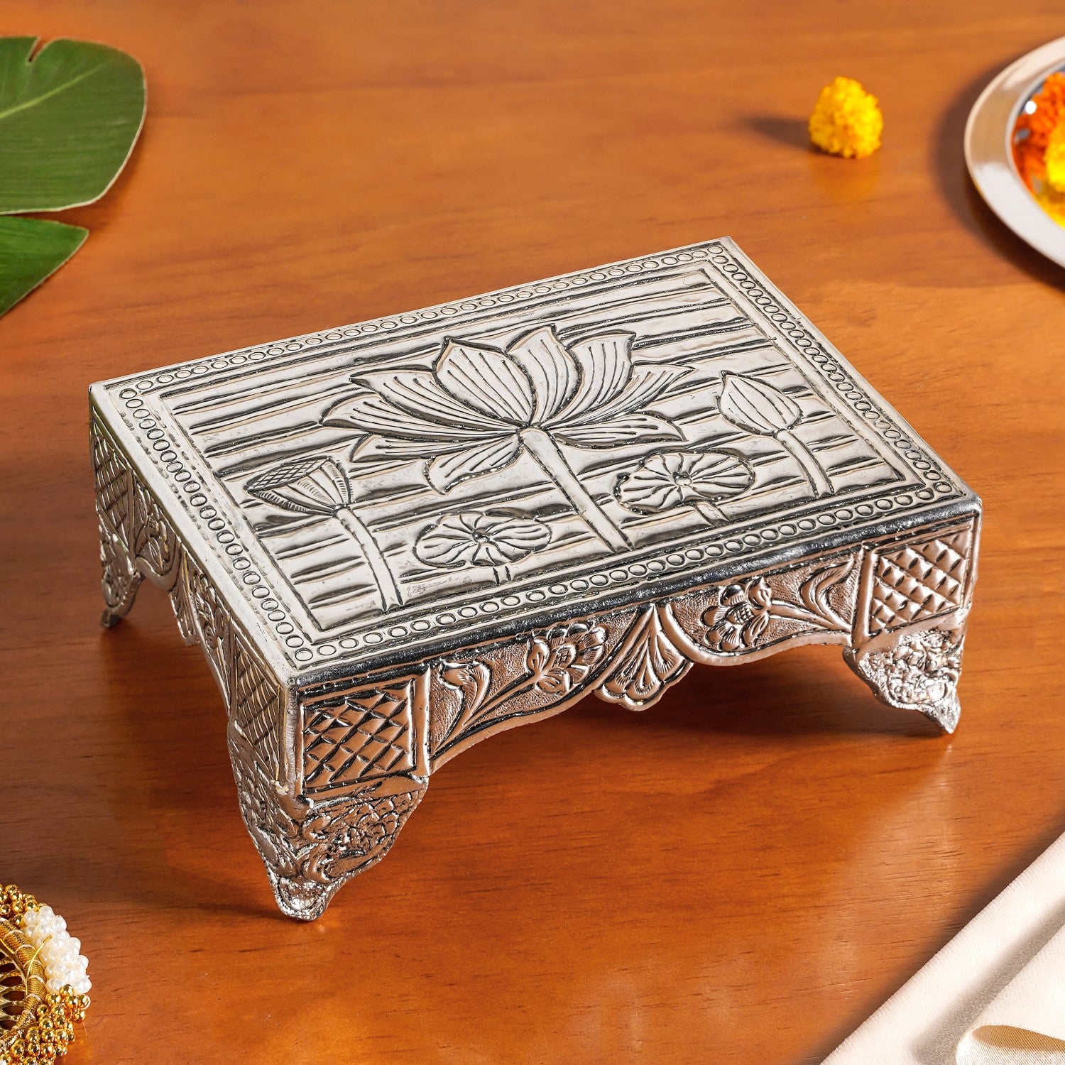 Lotus Design Pure Brass Puja Chowki With Silver Polish 20x15cm Online ...