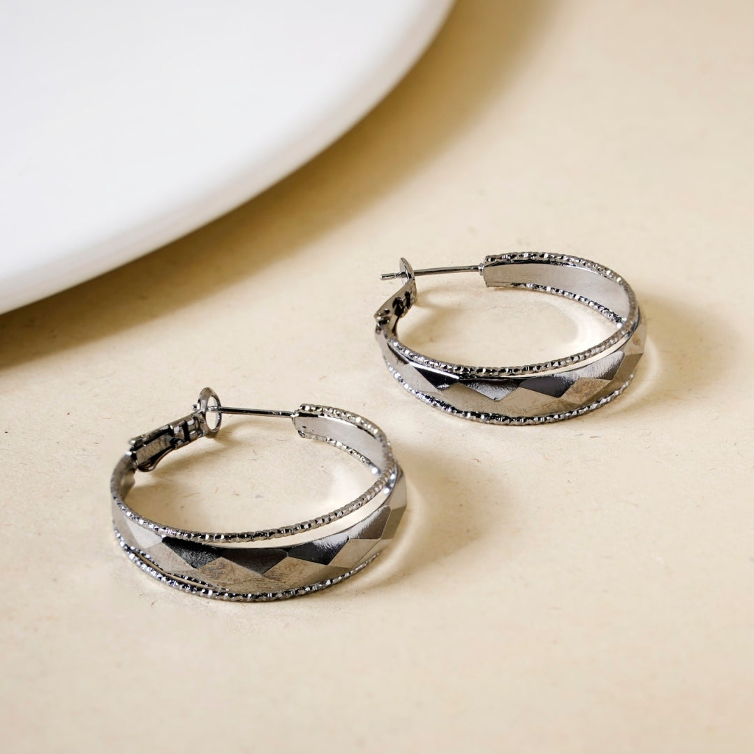 Jewellery Online - Premium Patterned Geometric Oxidised Silver Hoops | Nestasia