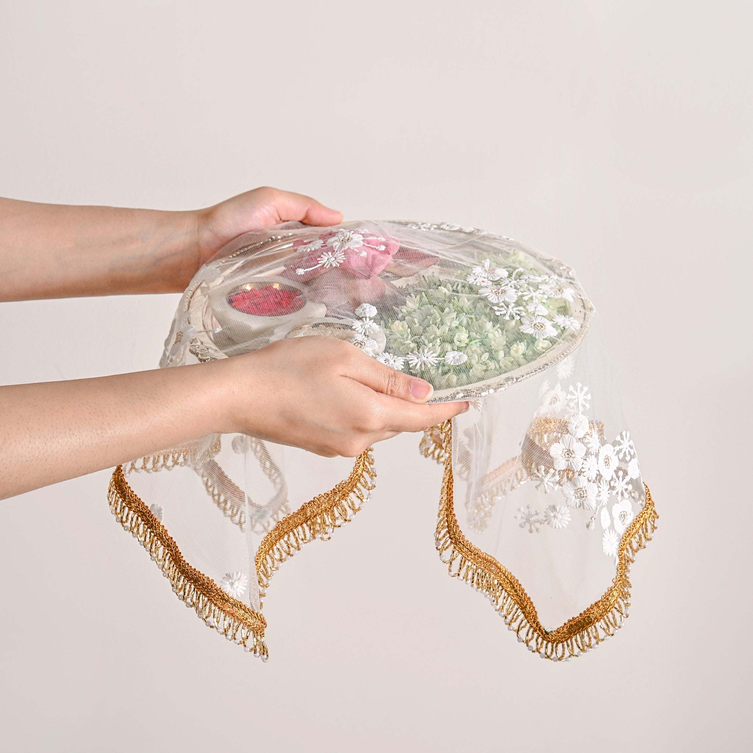 Luxe Golden Net Thali Covers Set Of 2 Online - Premium Devotion | Nestasia