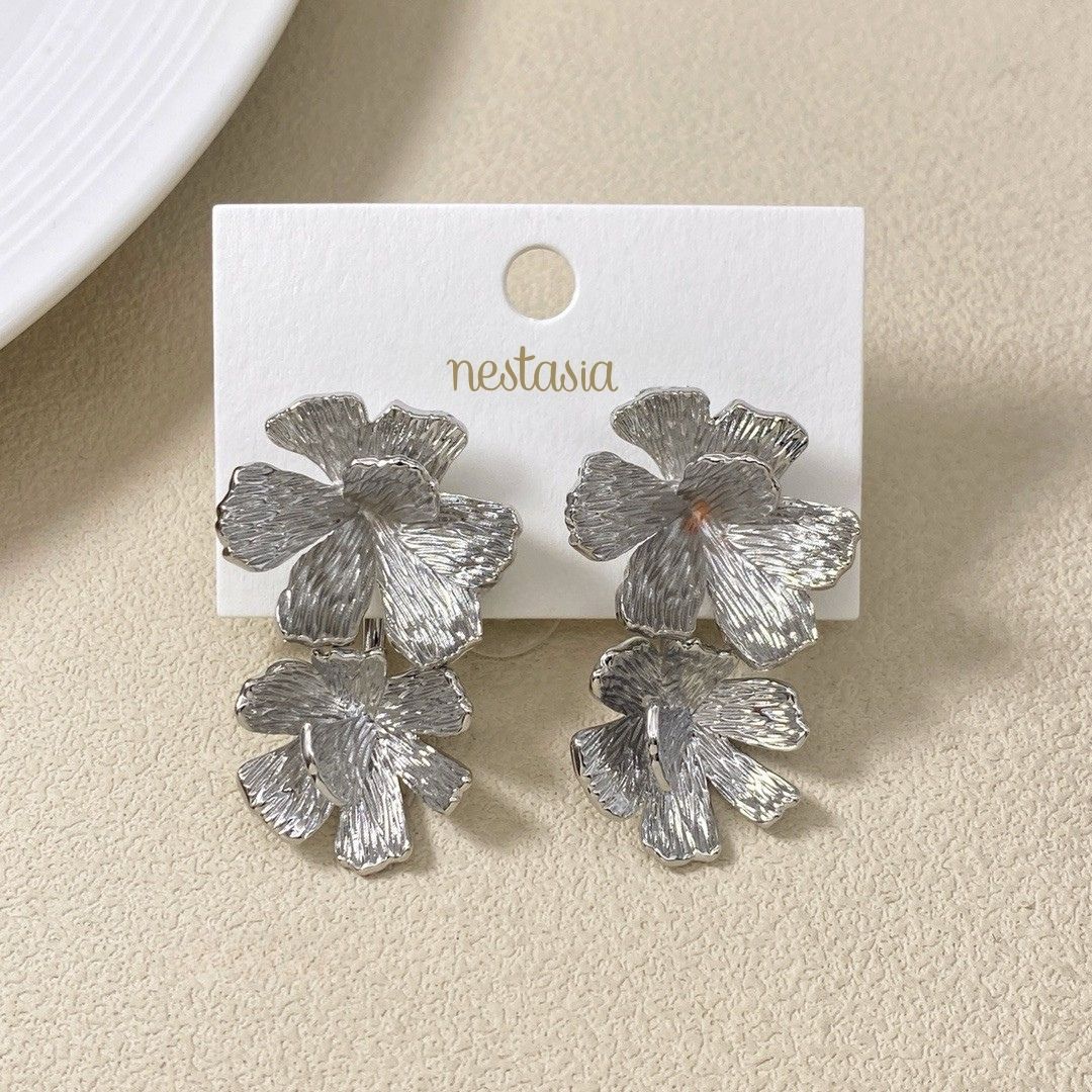 Jewellery Online - Premium Peony Bloom Silver Drop Earrings | Nestasia