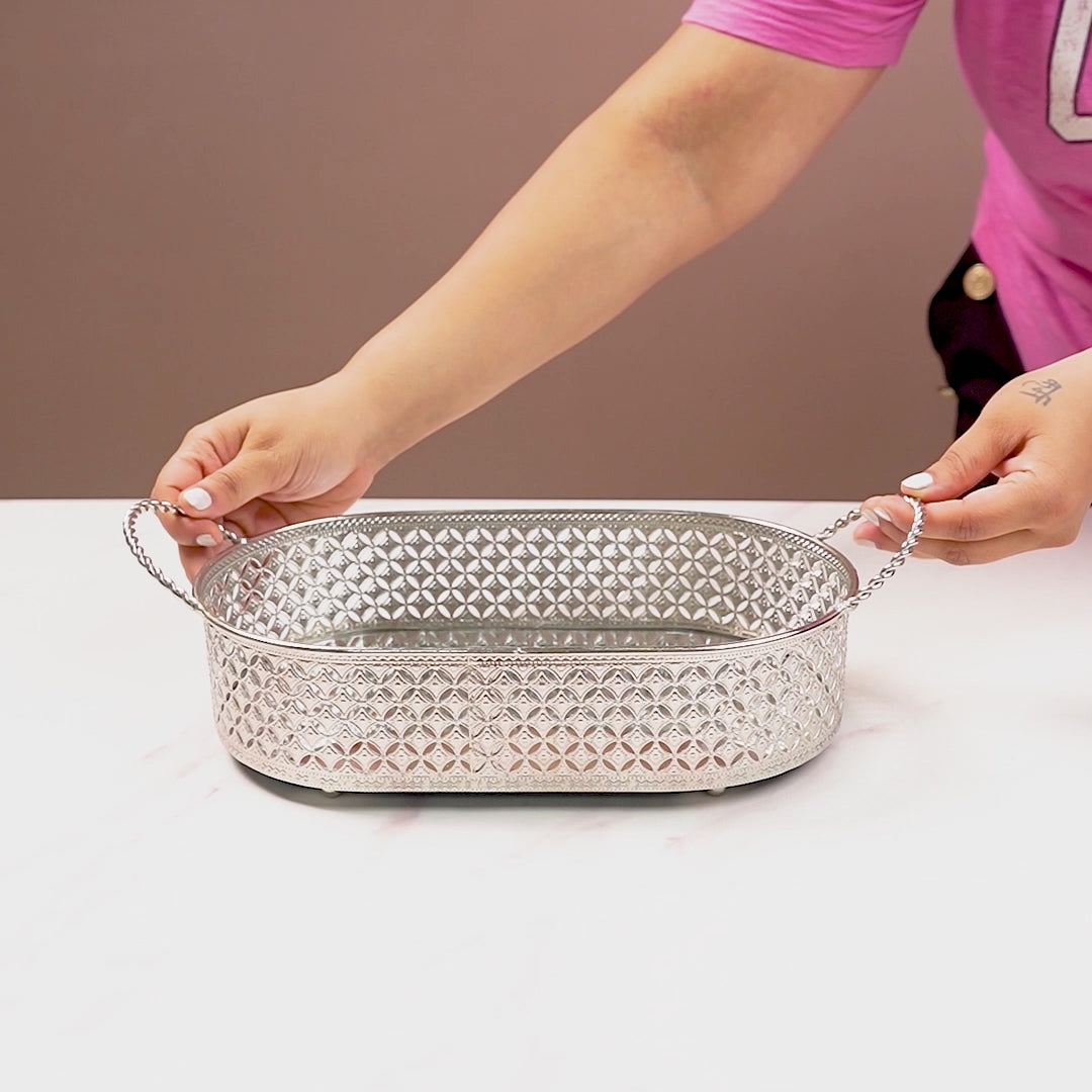Small Decorative Silver Metal Rectangle Tray With Handles | Nestasia