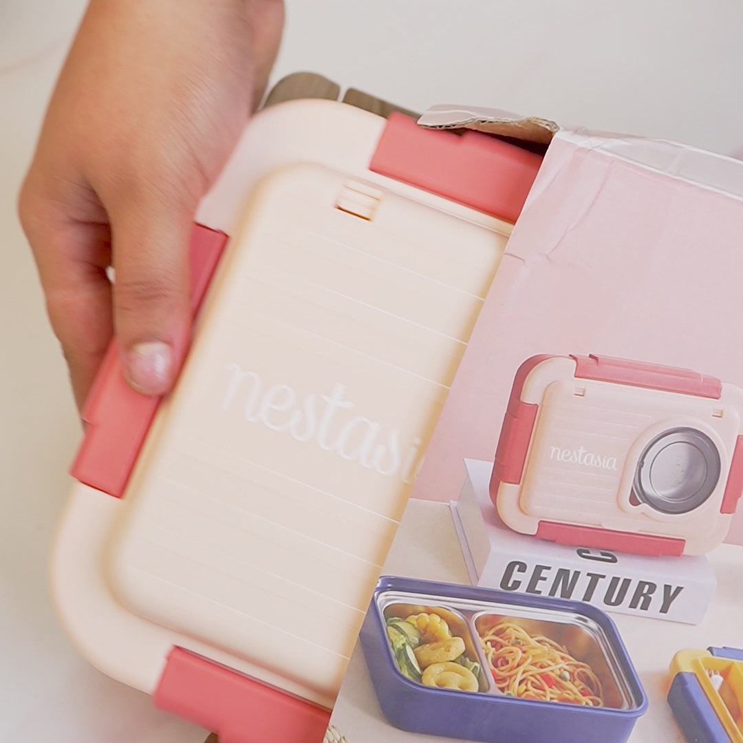 2 Grid Pink Steel Lunch Box With Bowl & Spoon | Nestasia