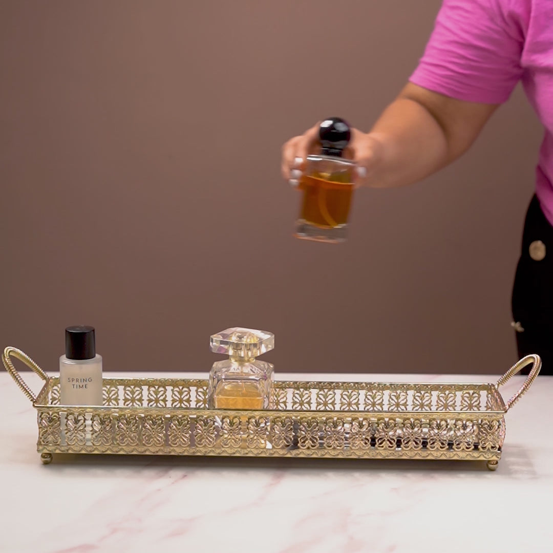 Metal Rectangle Decorative Gold Tray With Handles Online | Nestasia