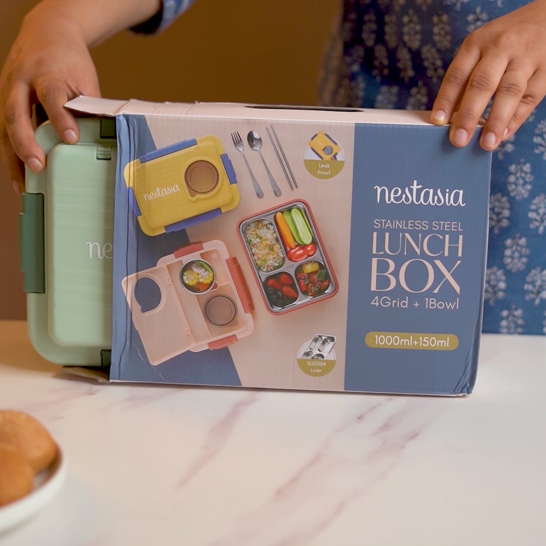 4 Grid Green Steel Lunch Box With Bowl & Spoon | Nestasia