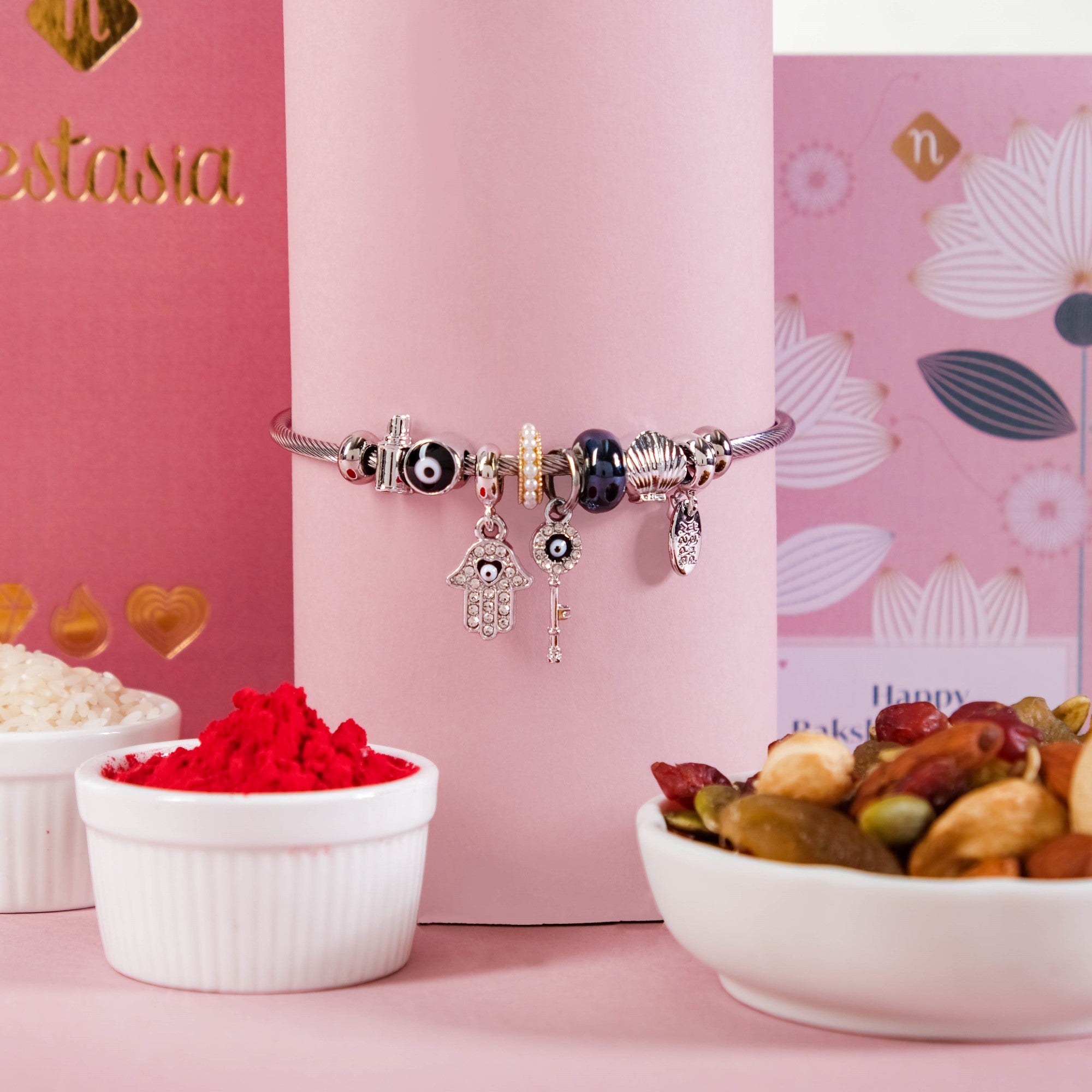 Hamsa Hand Bracelet Rakhi Gift Hamper Set Of 3 With Box And Card Online ...