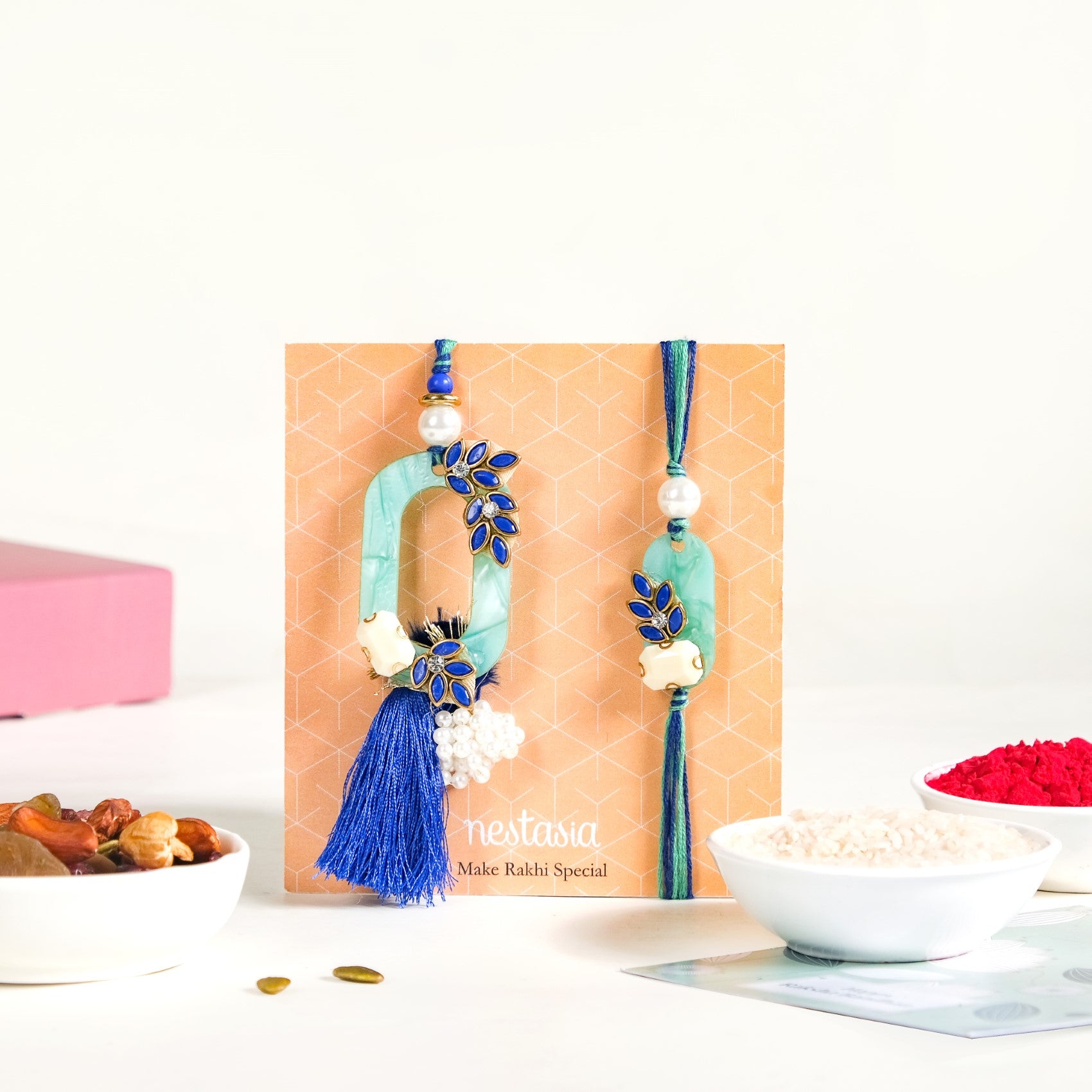 Blue Leaf Motif Designer Rakhi Lumba Set Of 4 With Box And Card Online ...