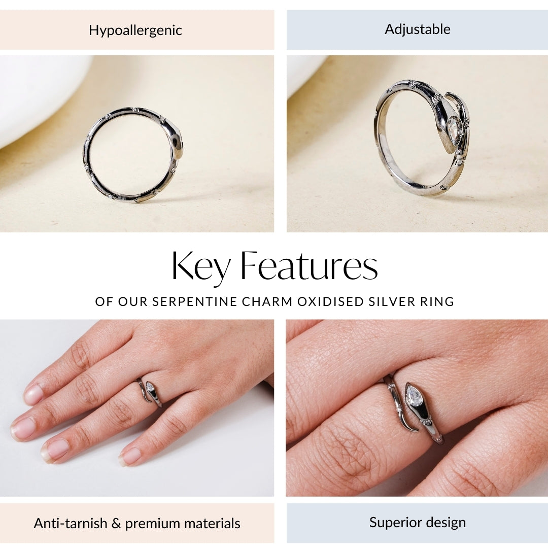 Ring Online - Premium Serpentine Charm Oxidised Silver Ring | Nestasia