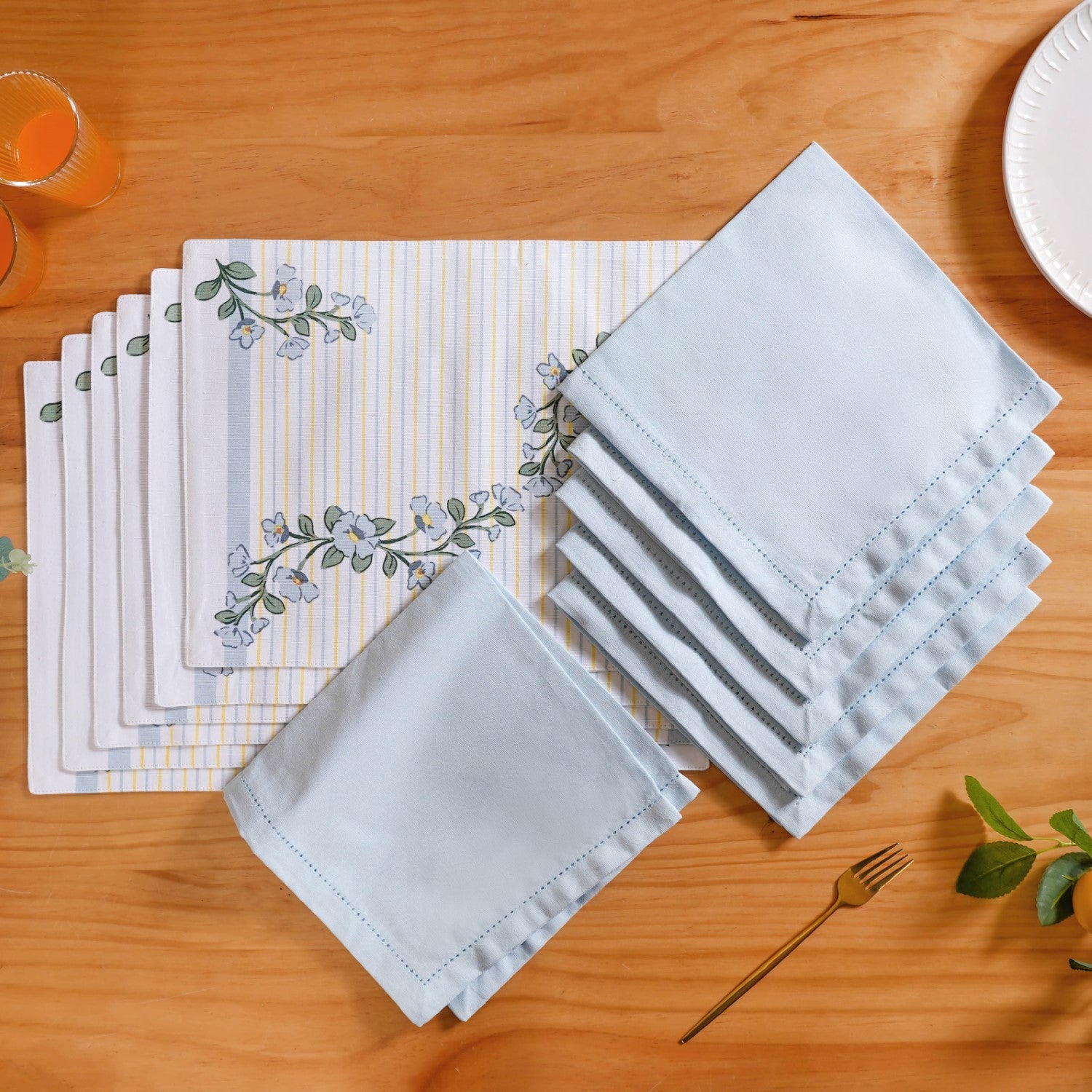 Azzurro Printed Cotton Mat And Napkin Set Of 12 Online - Premium Table ...