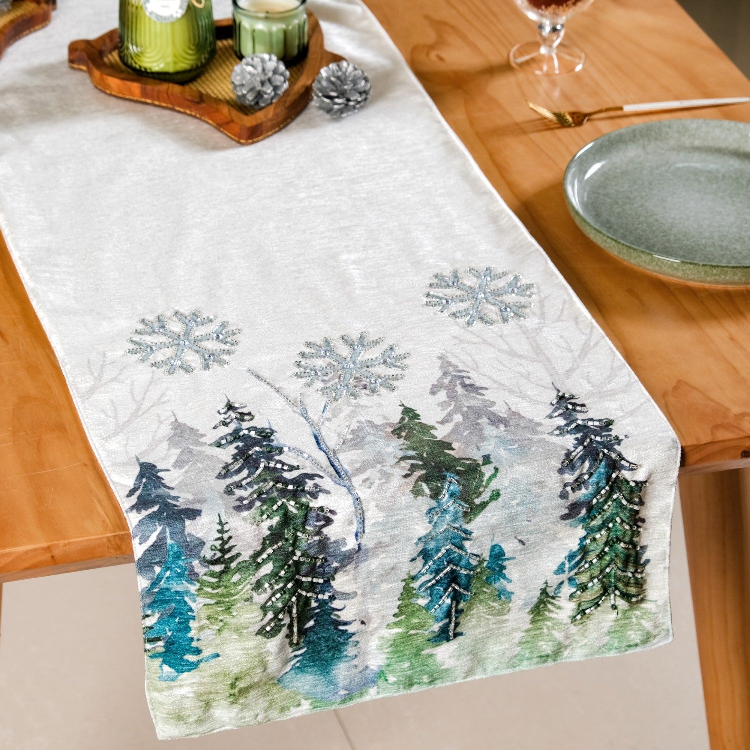 Snowfall In Pine Forest Embroidered Table Runner Online - Premium Table ...