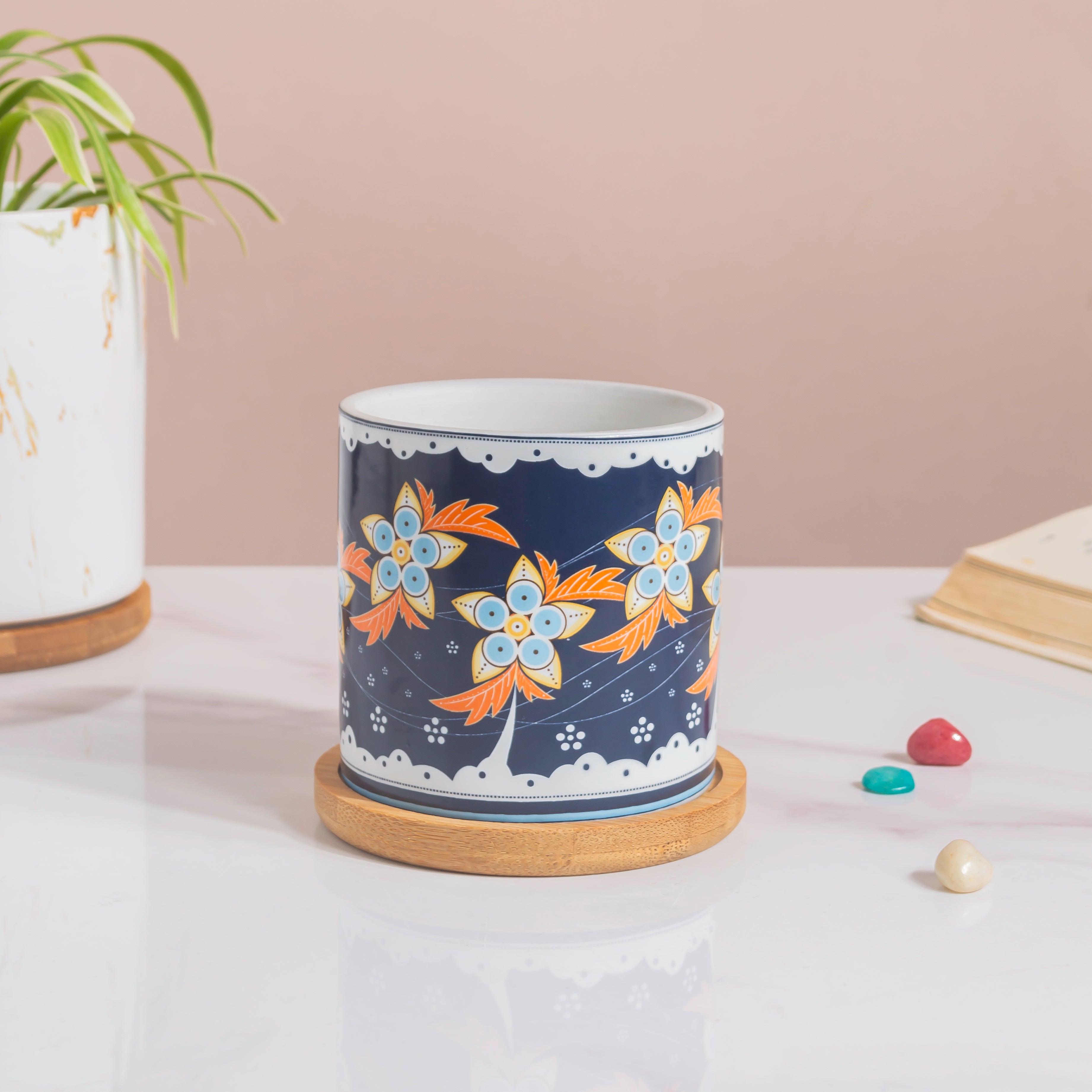 Bloom Fiesta Botanical Planter Blue With Wooden Coaster