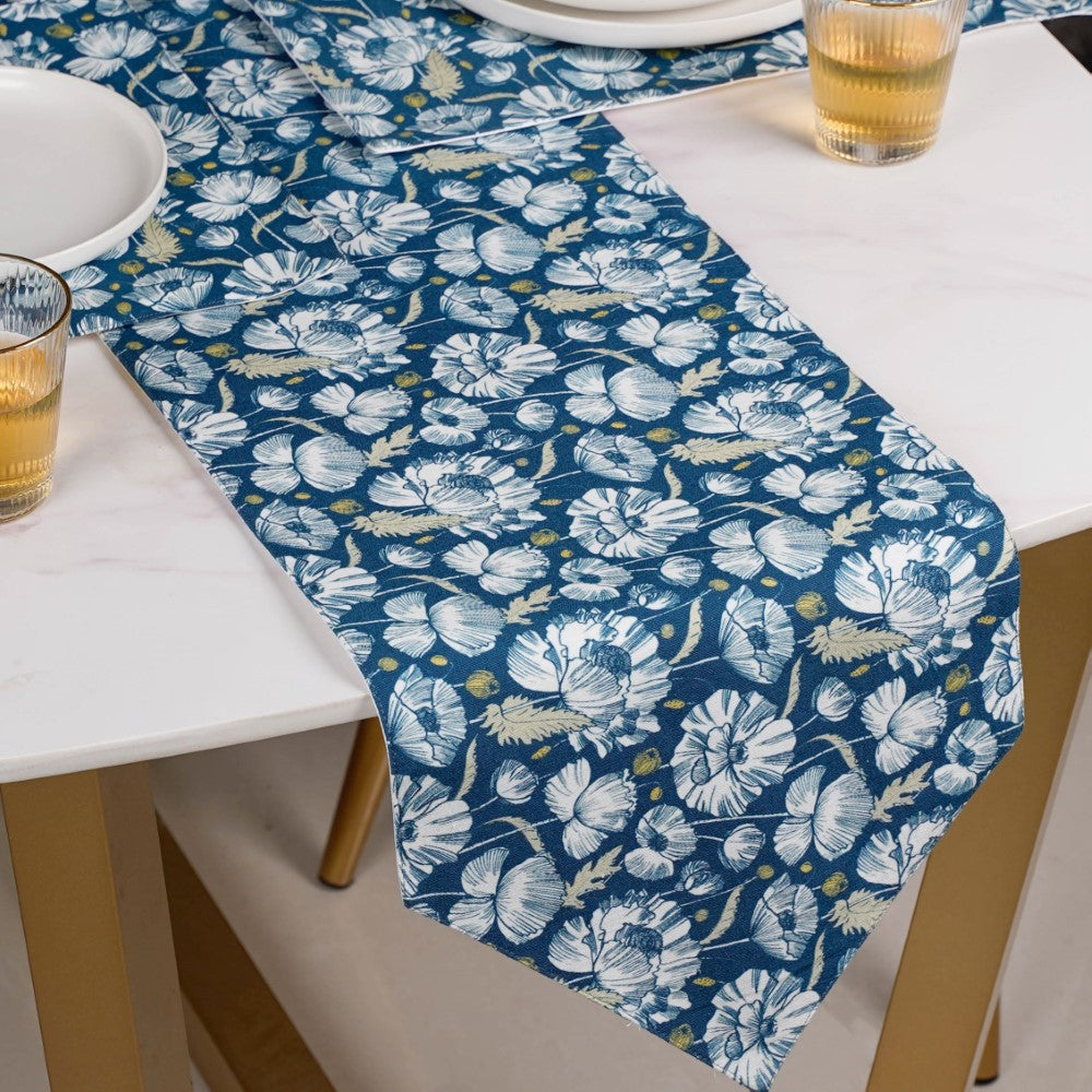 Floral Dining Cotton Printed Table Runner Royal Blue For 6 Seater ...